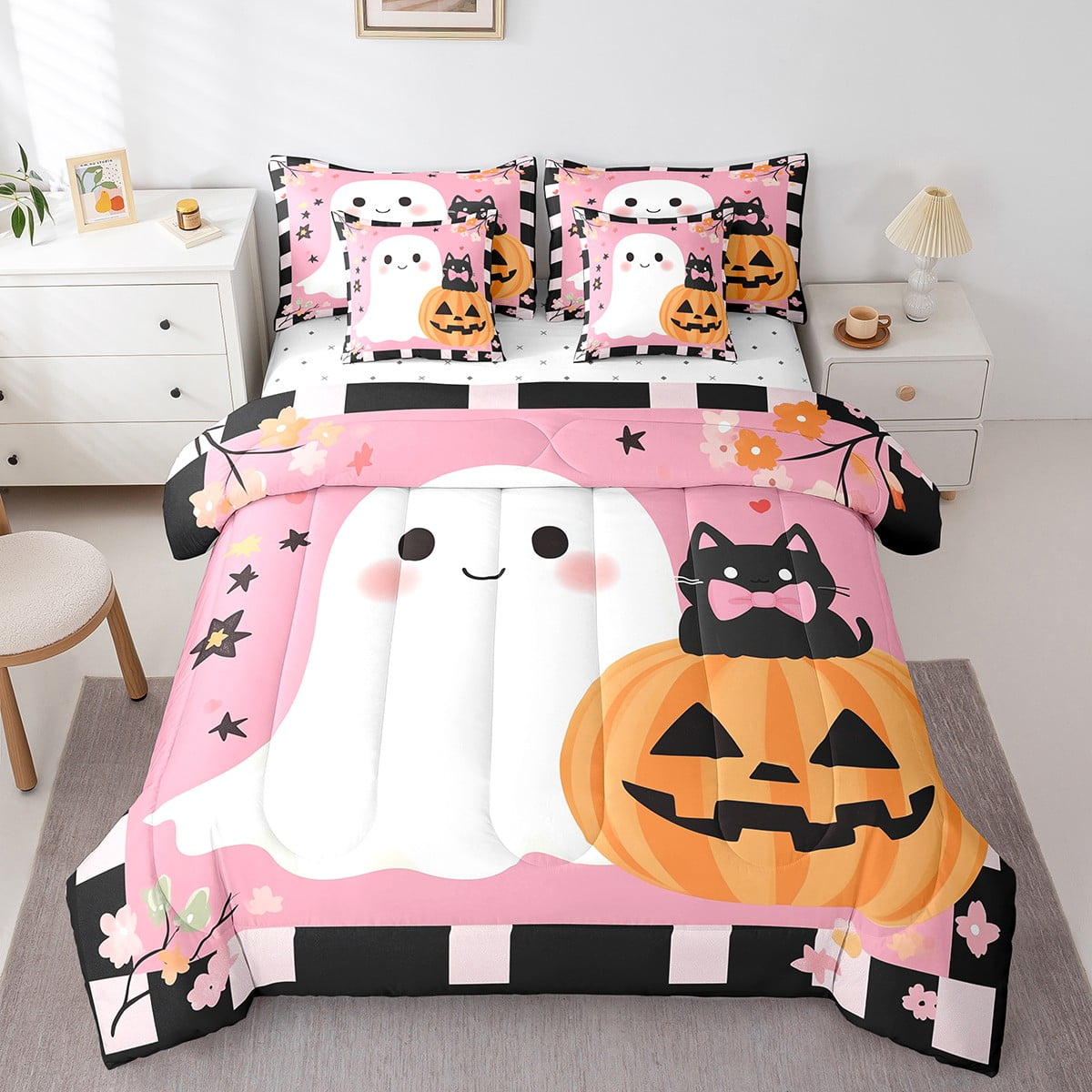 Pink Halloween Queen Comforter Set 7 Piece Teen,Cartoon Ghost Bedding ...