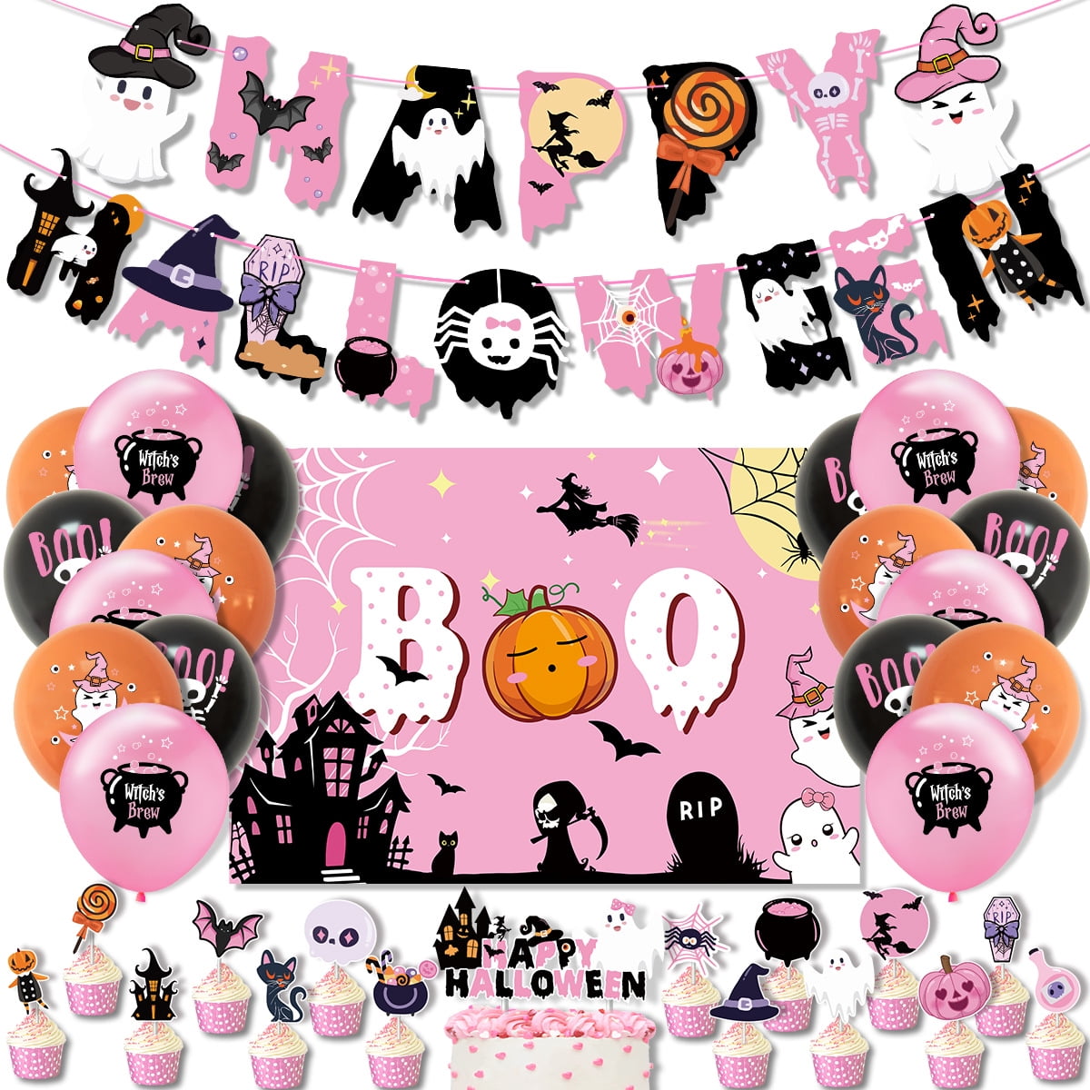 Pink Halloween Theme Party Decoration Cute Ghost Festival Banner Cake ...