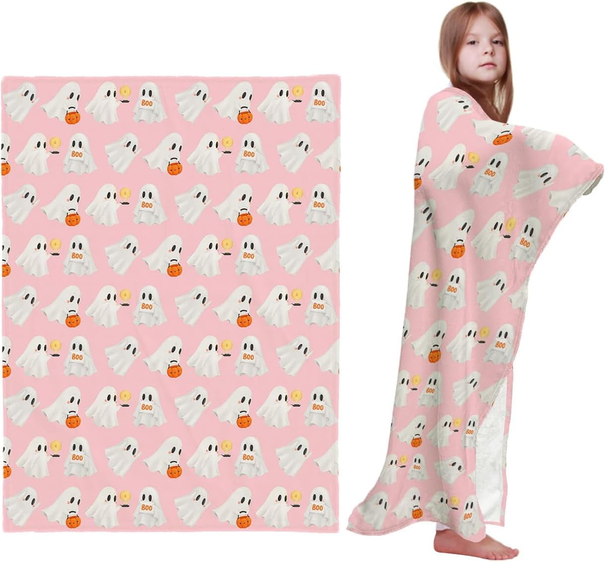 Pink Halloween Throw Blankets, Cartoon Ghosts Pumpkin Black Cats Soft ...