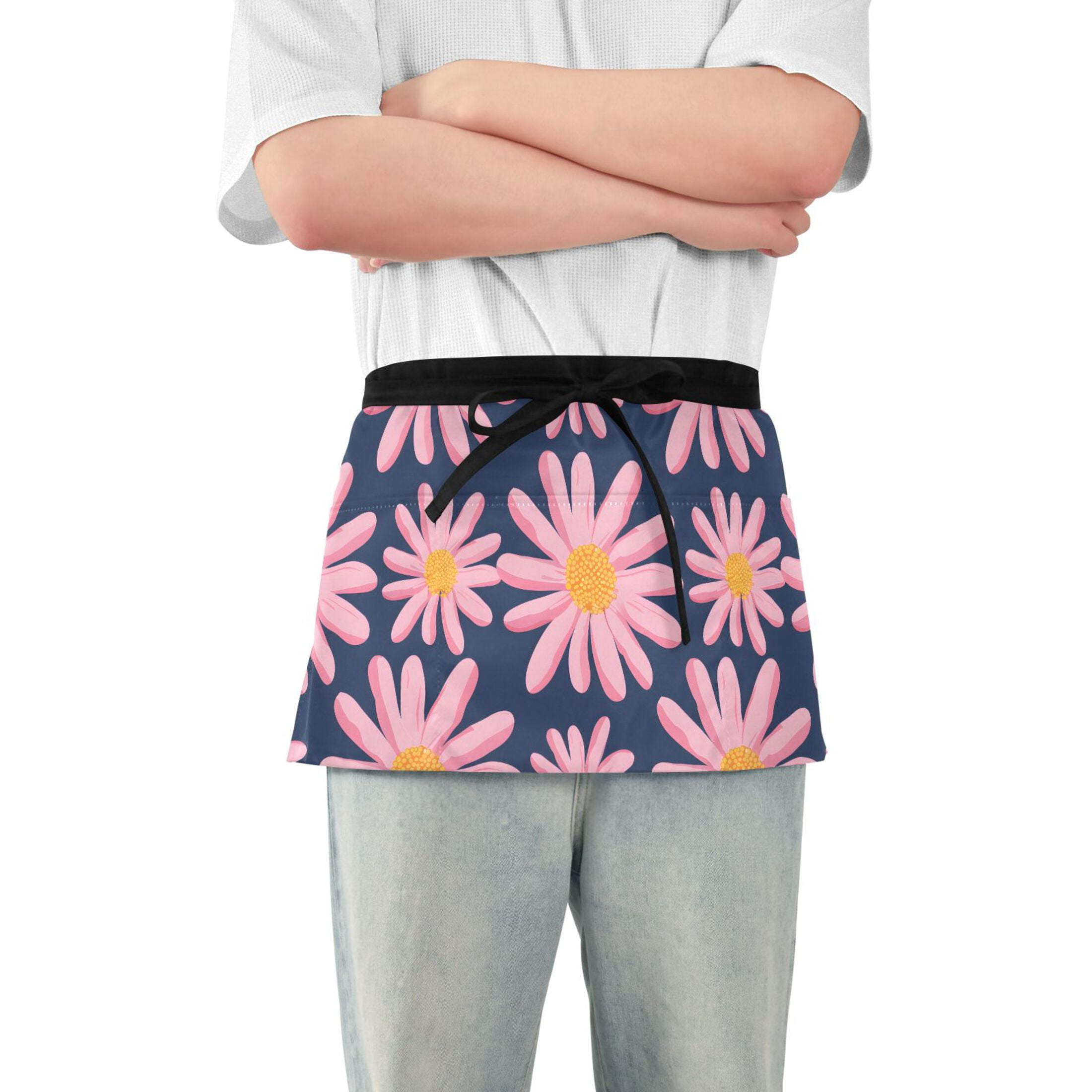 Pink Hand Drawn Daisy Server Apron with 3 Pockets Waterproof Waitress ...