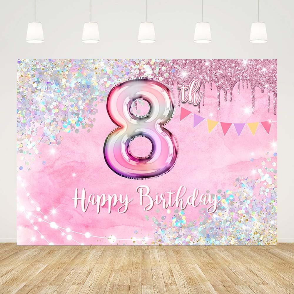 Pink Happy 8th Birthday Backdrop for Girls Pink White Sequins ...