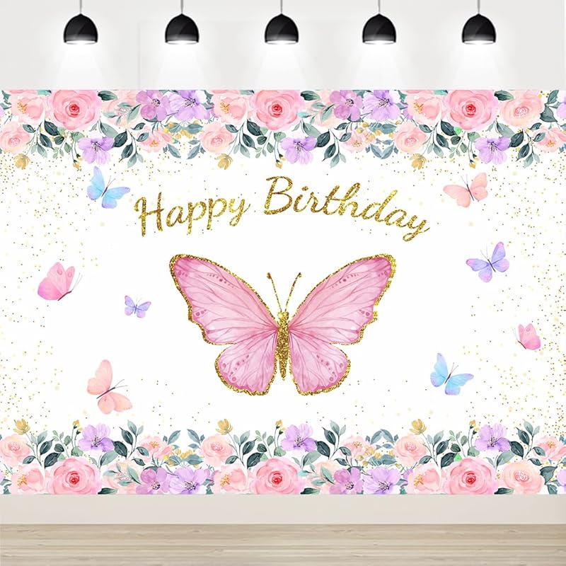 Pink Happy Birthday Backdrop Butterfly Birthday Backdrop Pink Flowers ...