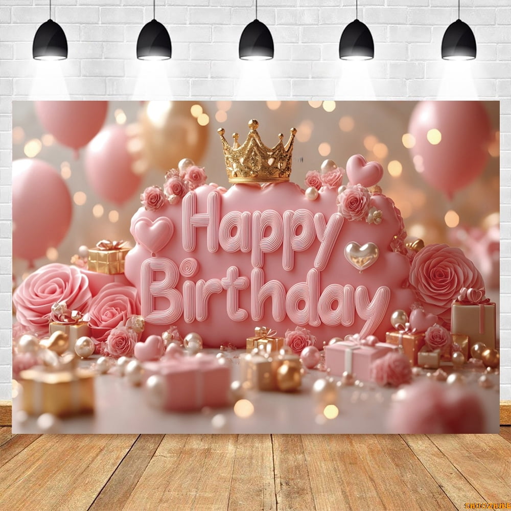 Pink Happy Birthday Backdrop Flowers Gifts Box Adult Kids Birthday ...
