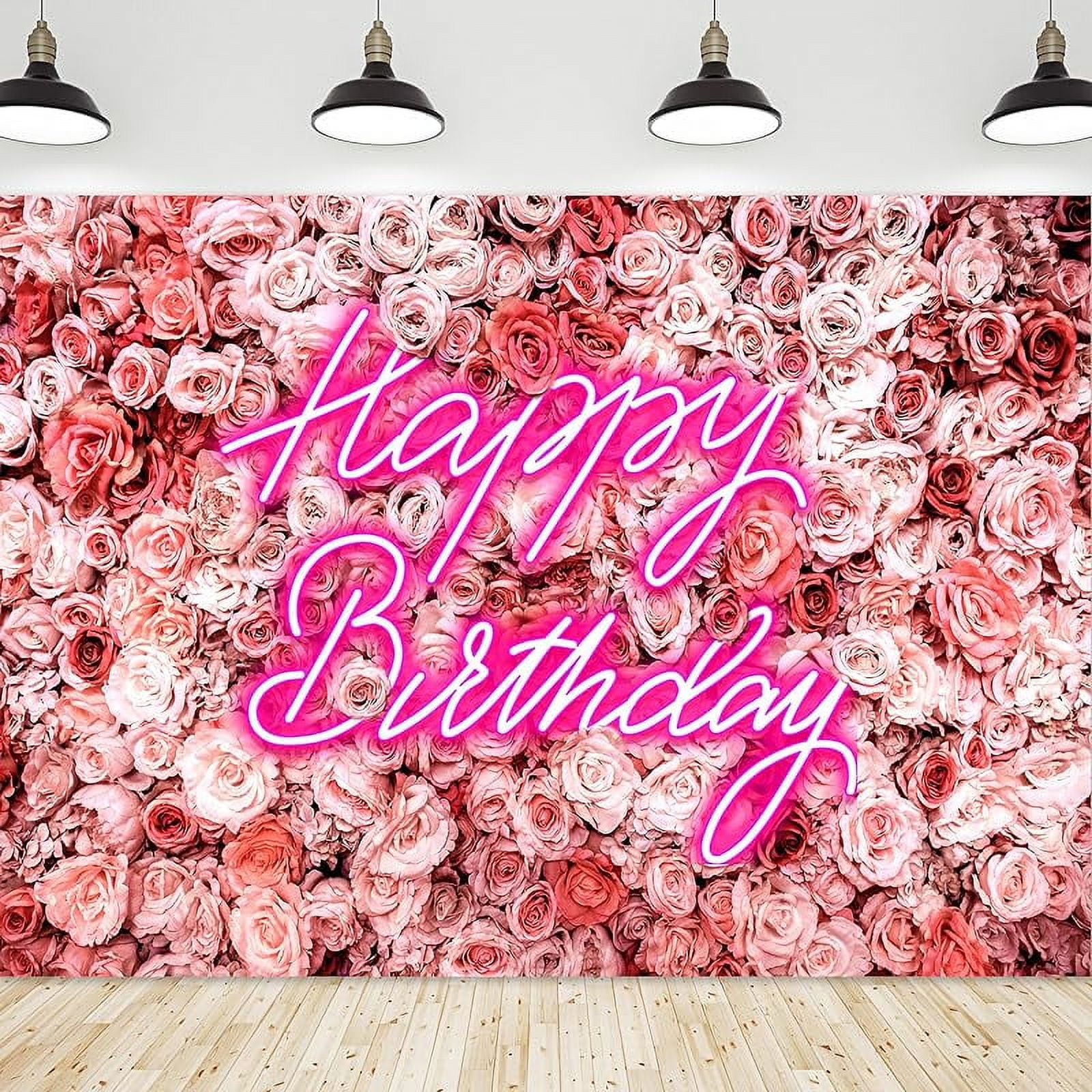 Pink Happy Birthday Backdrop for Woman Neon Flower Wall Rose Blossom ...