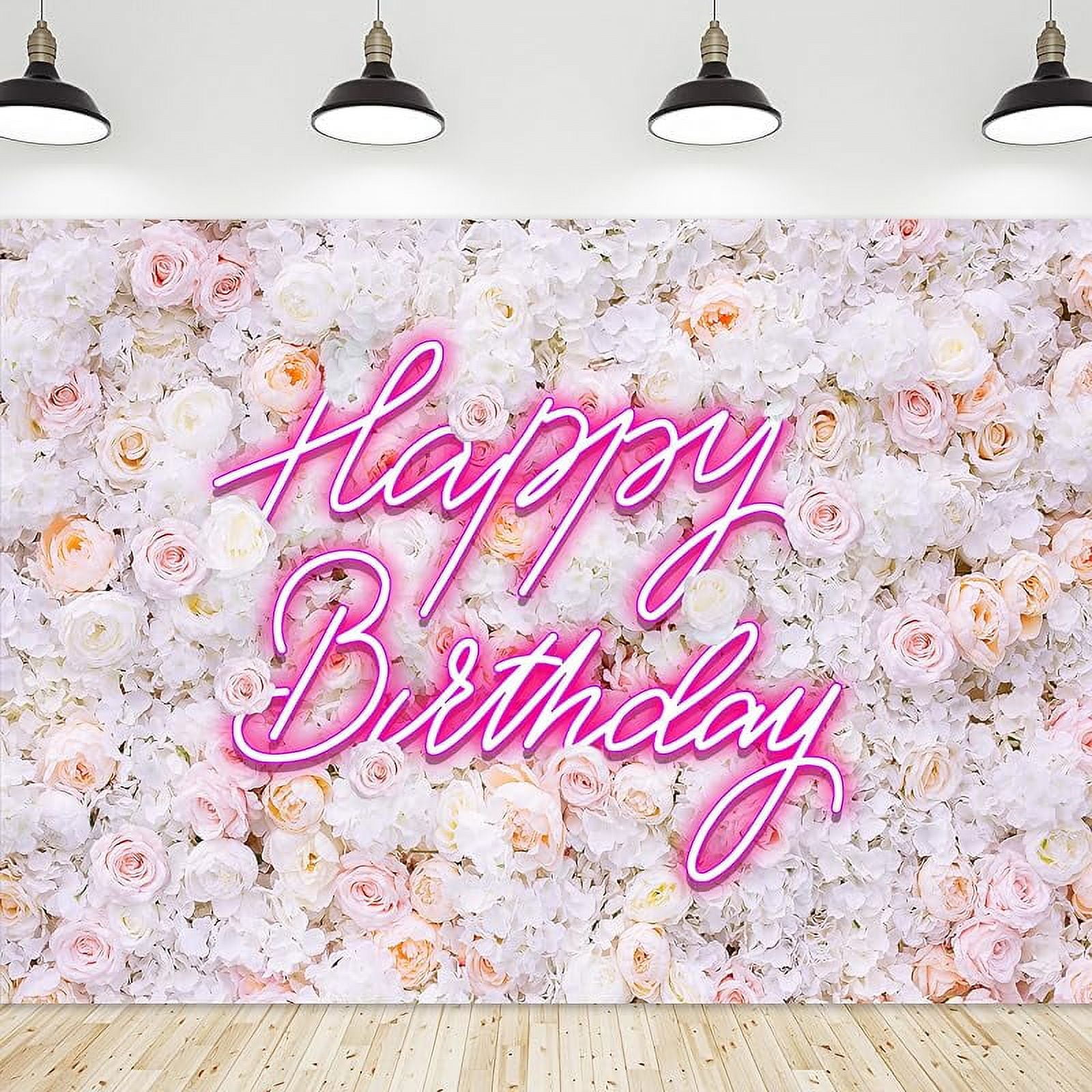 Pink Happy Birthday Backdrop for Woman Polyester Fabric Neon Flower ...