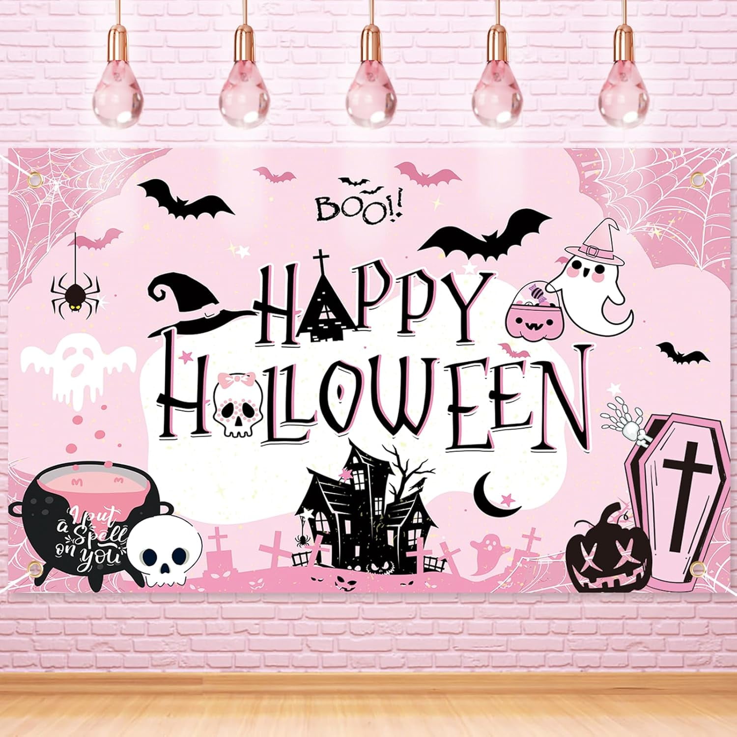 Pink Happy Halloween Backdrop Banner, Extra Large Pink Halloween ...