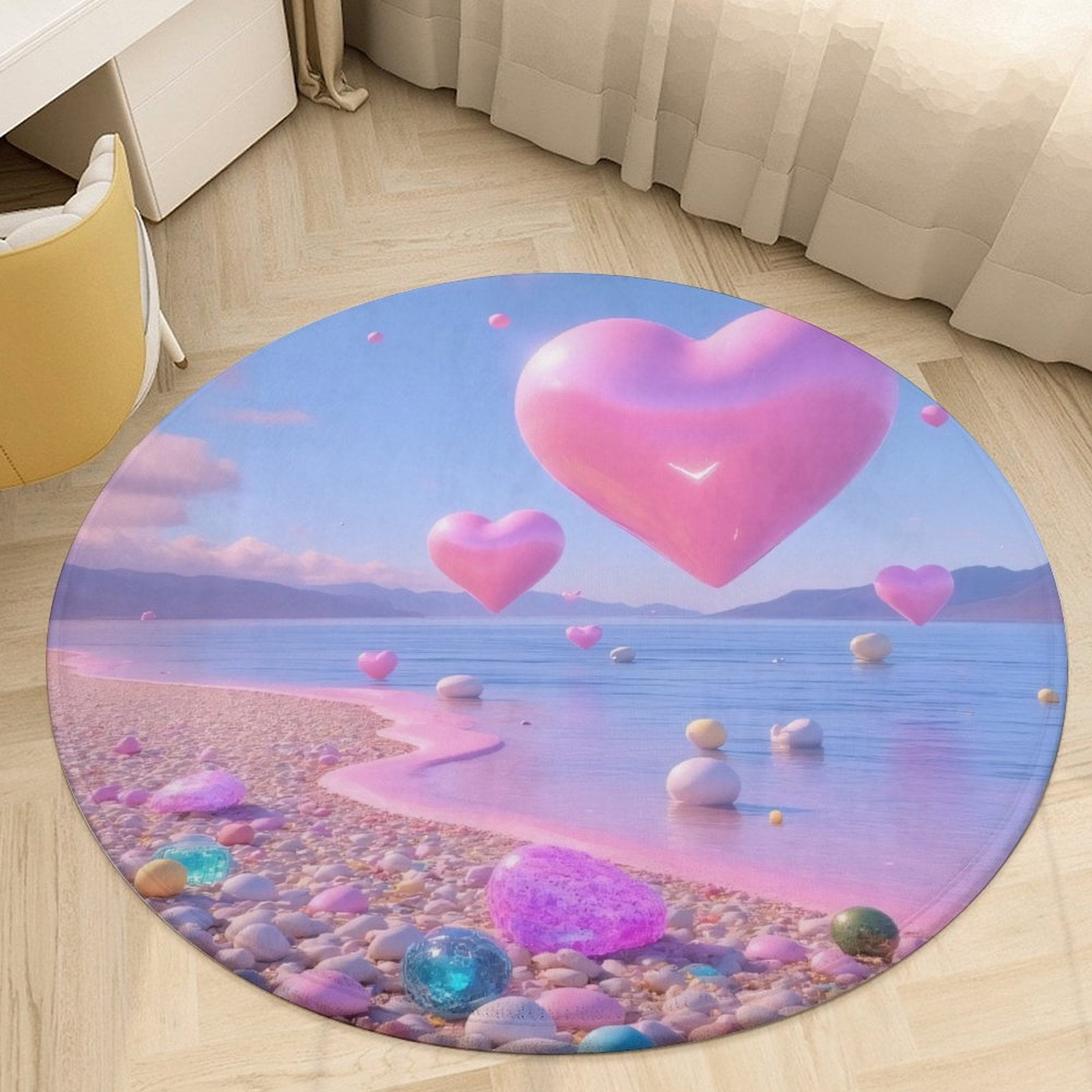 Pink Heart Balloons on Beach Round Area Rugs for Bedroom Living Room ...