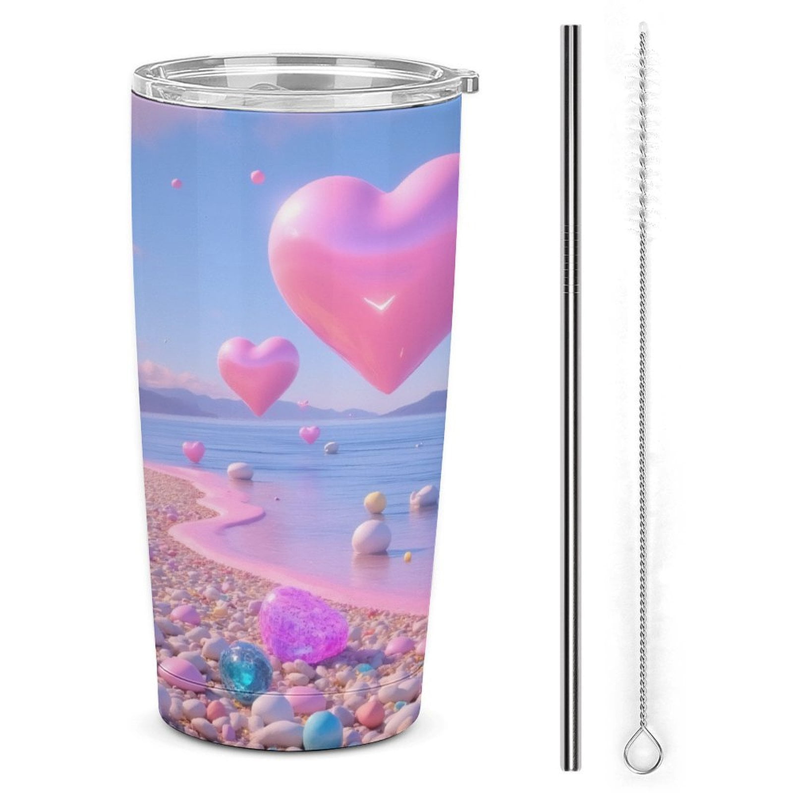 Pink Heart Balloons on Beach Tumbler Print 20oz Stainless Steel Coffee ...