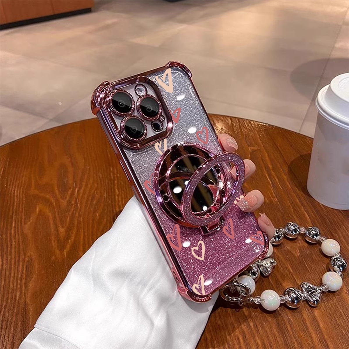 Pink Heart Glitter Case | Magnetic Stand, Full Lens Protection, With ...