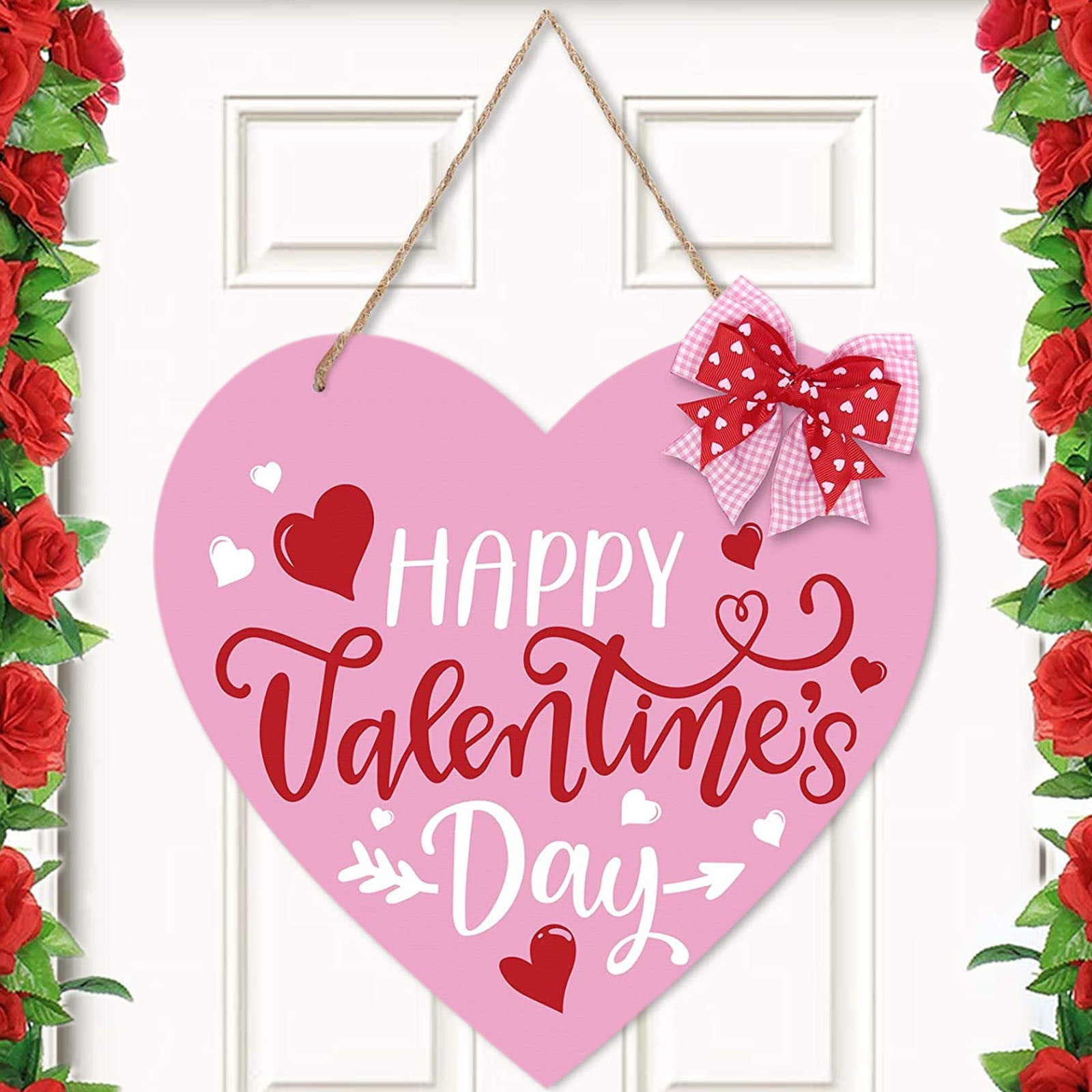 Pink Heart Happy Valentine's Day Wooden Door Sign Hanger Romantic Love ...