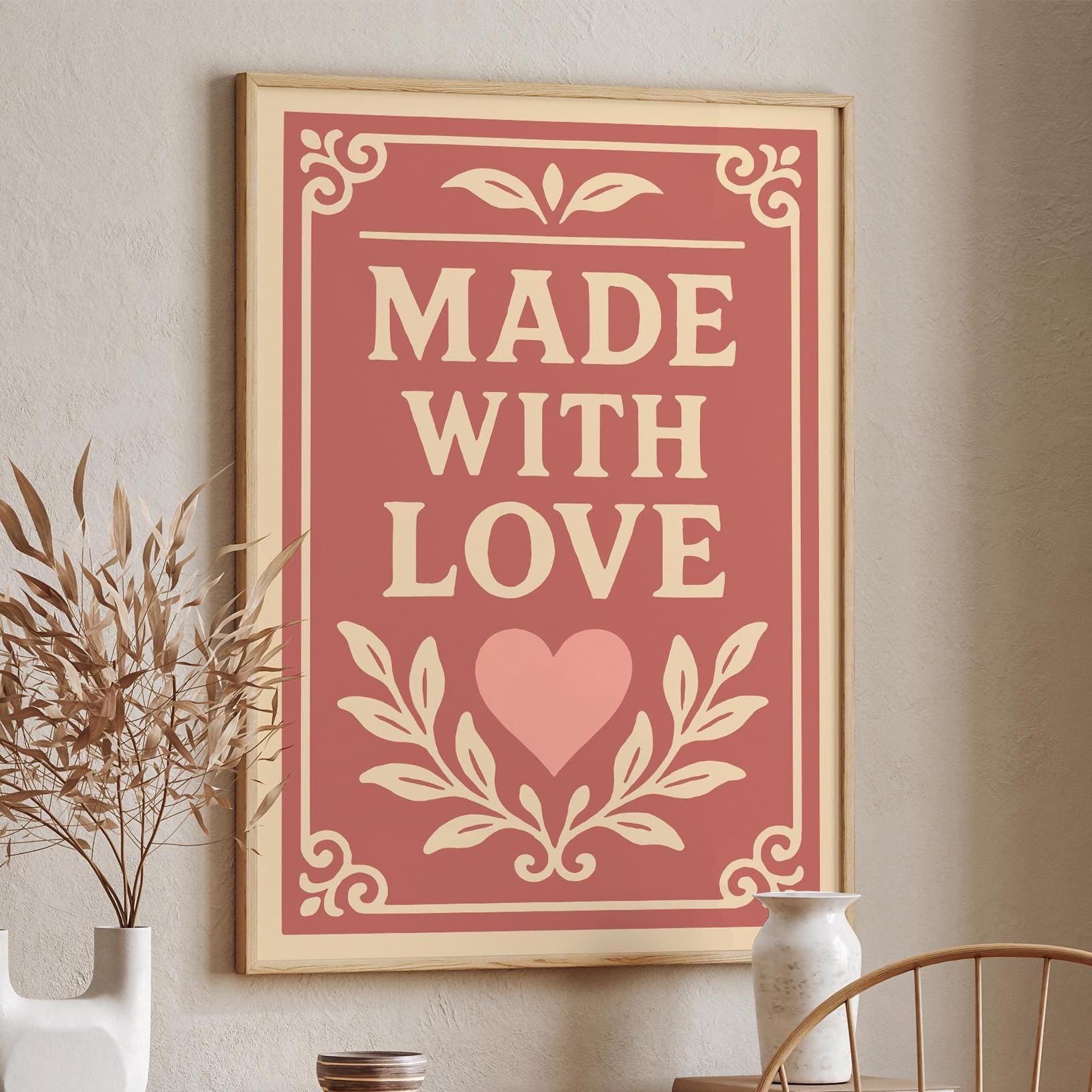 Pink Heart Kitchen Print: Made With Love Quote, Rustic Farmhouse Decor ...