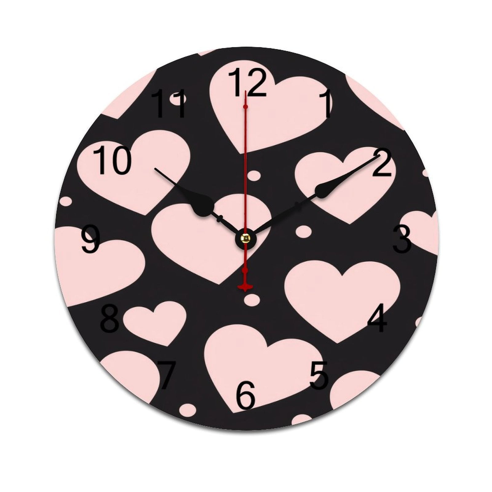 Pink Hearts Black Background Time Decorative Wall Clocks Round Large ...
