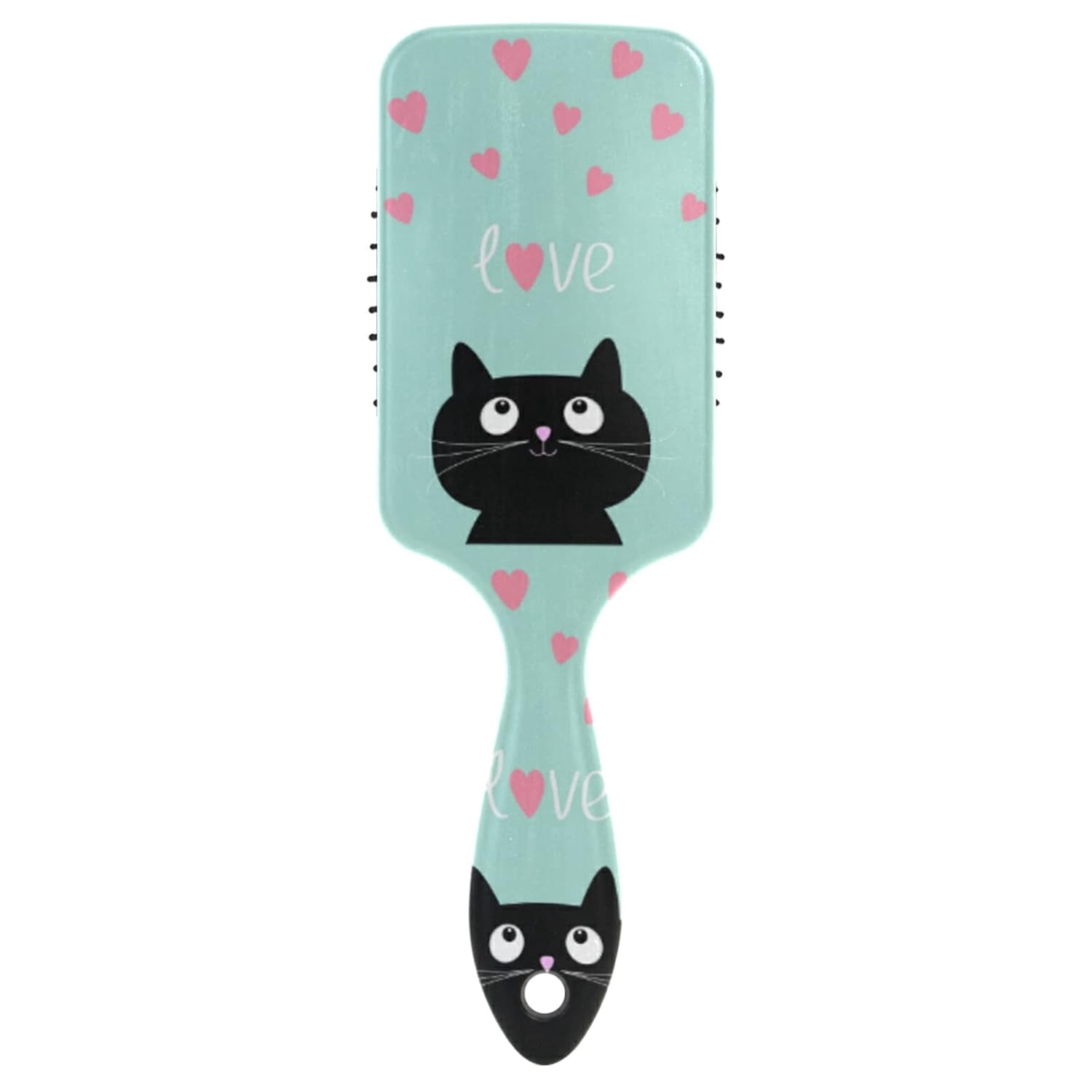 Pink Hearts and Cute Black Cartoon Cat On Turquoise Air Cushion Comb ...