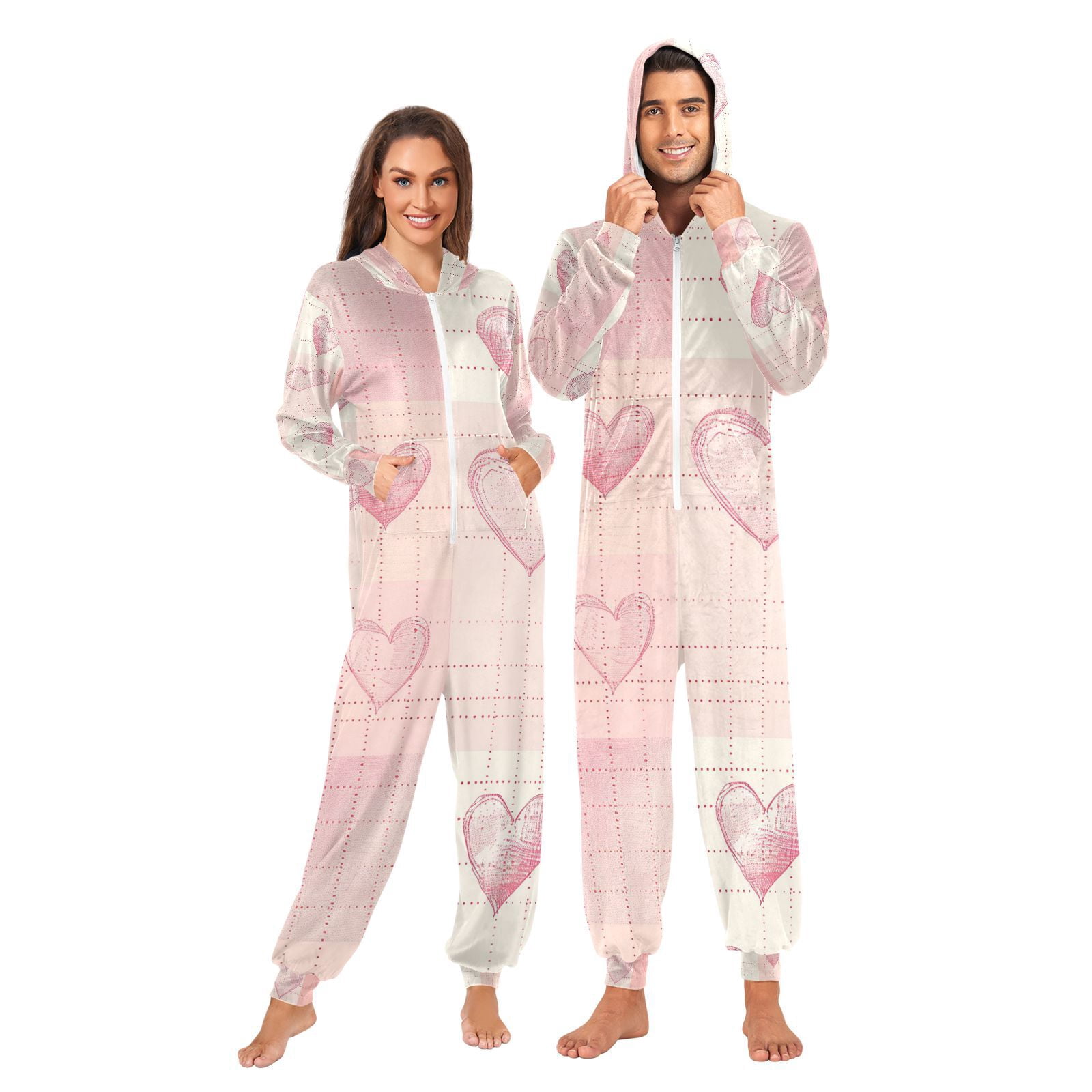Pink Hearts Grids Adult Unisex Onesie Pajamas Slim Fit One Piece Suit ...