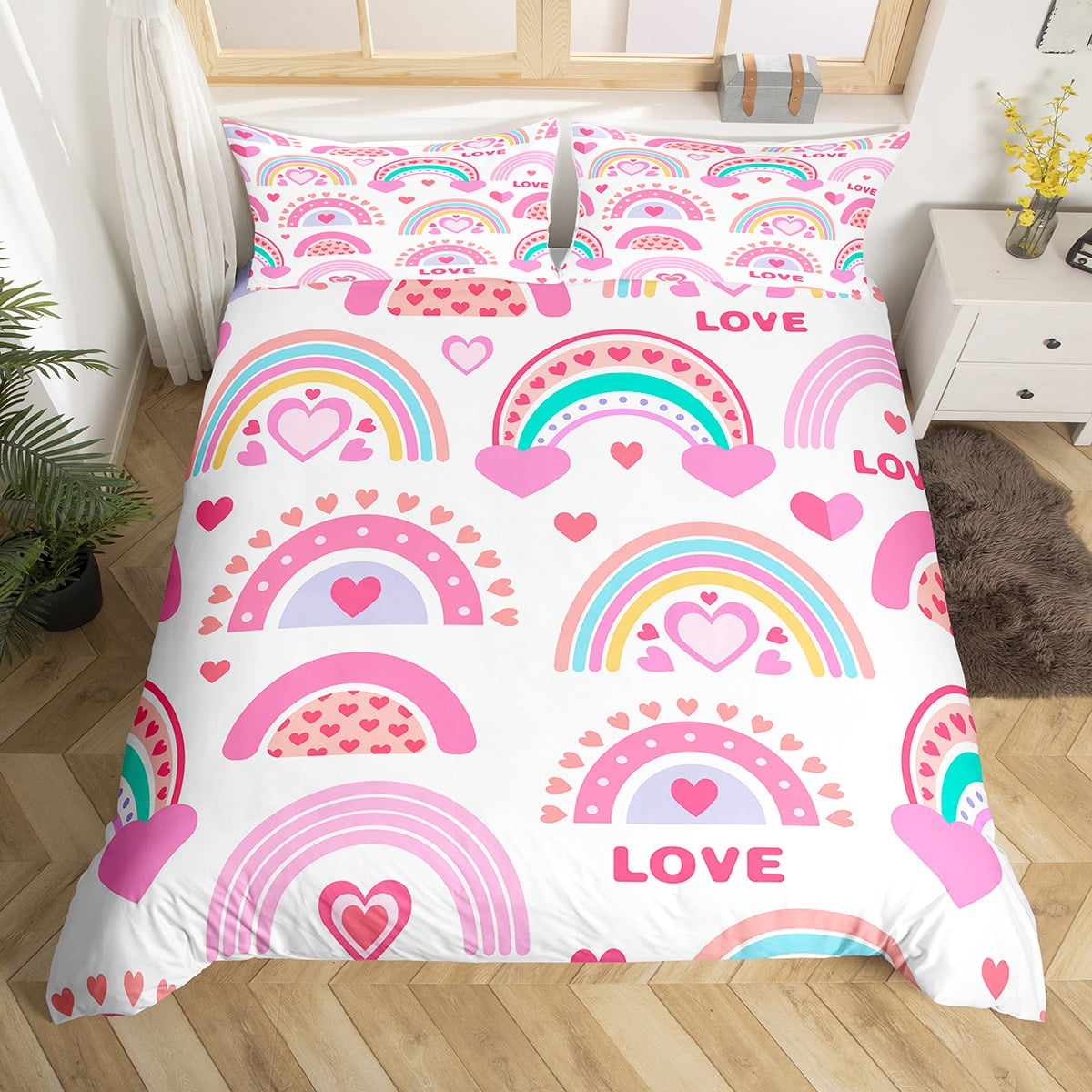 Pink Hearts Rainbow Duvet Cover Full Love Heart Comforter Cover ...