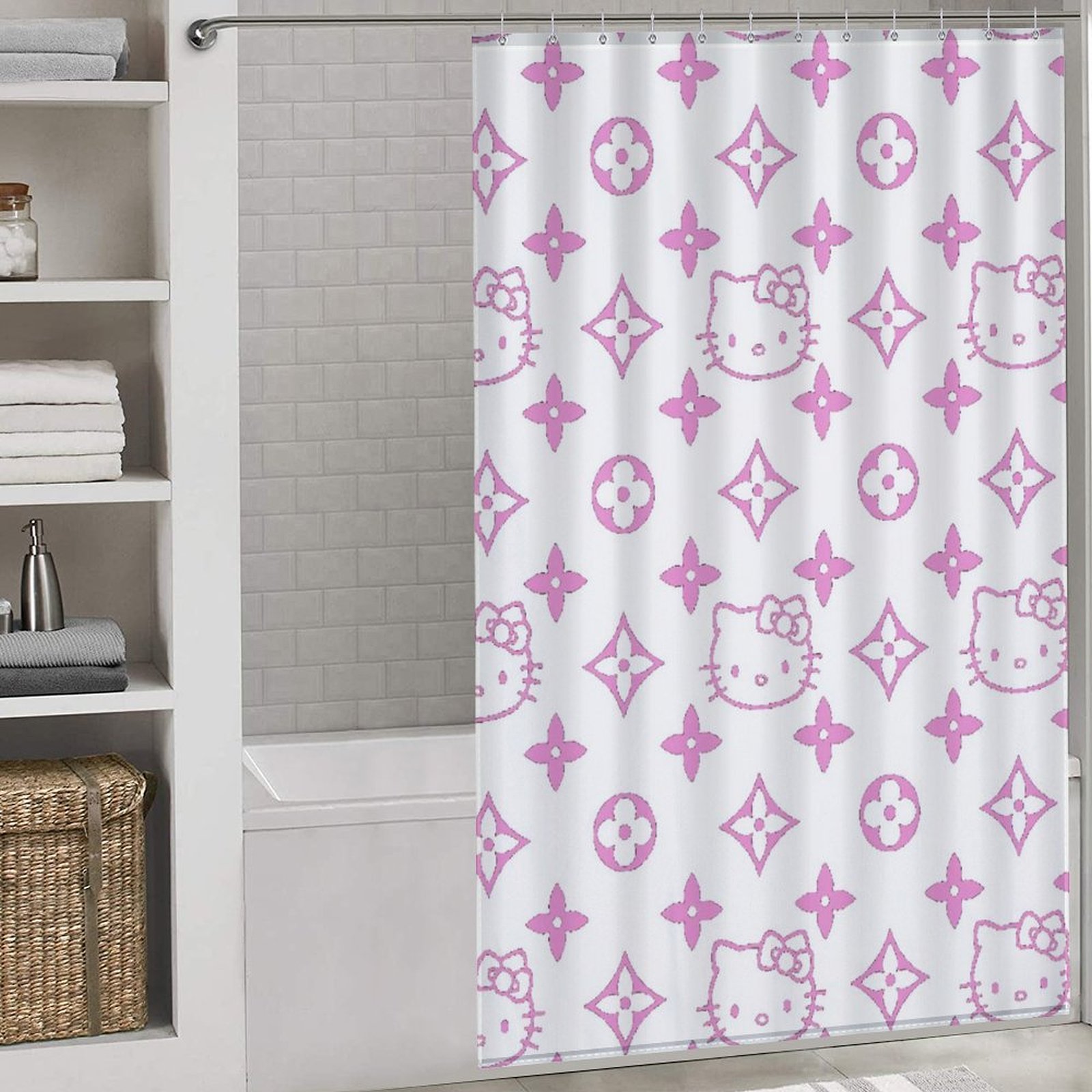 Pink Hello Kitty Shower Curtains for Bathroom,Shower Curtain,Cartoon Bath Curtain with 12 ...