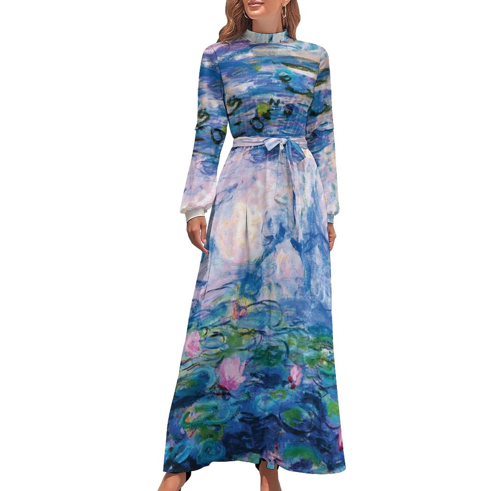 Pink Hibiscus Flower Dress Long Sleeve Palm Leaves Print Party Maxi ...