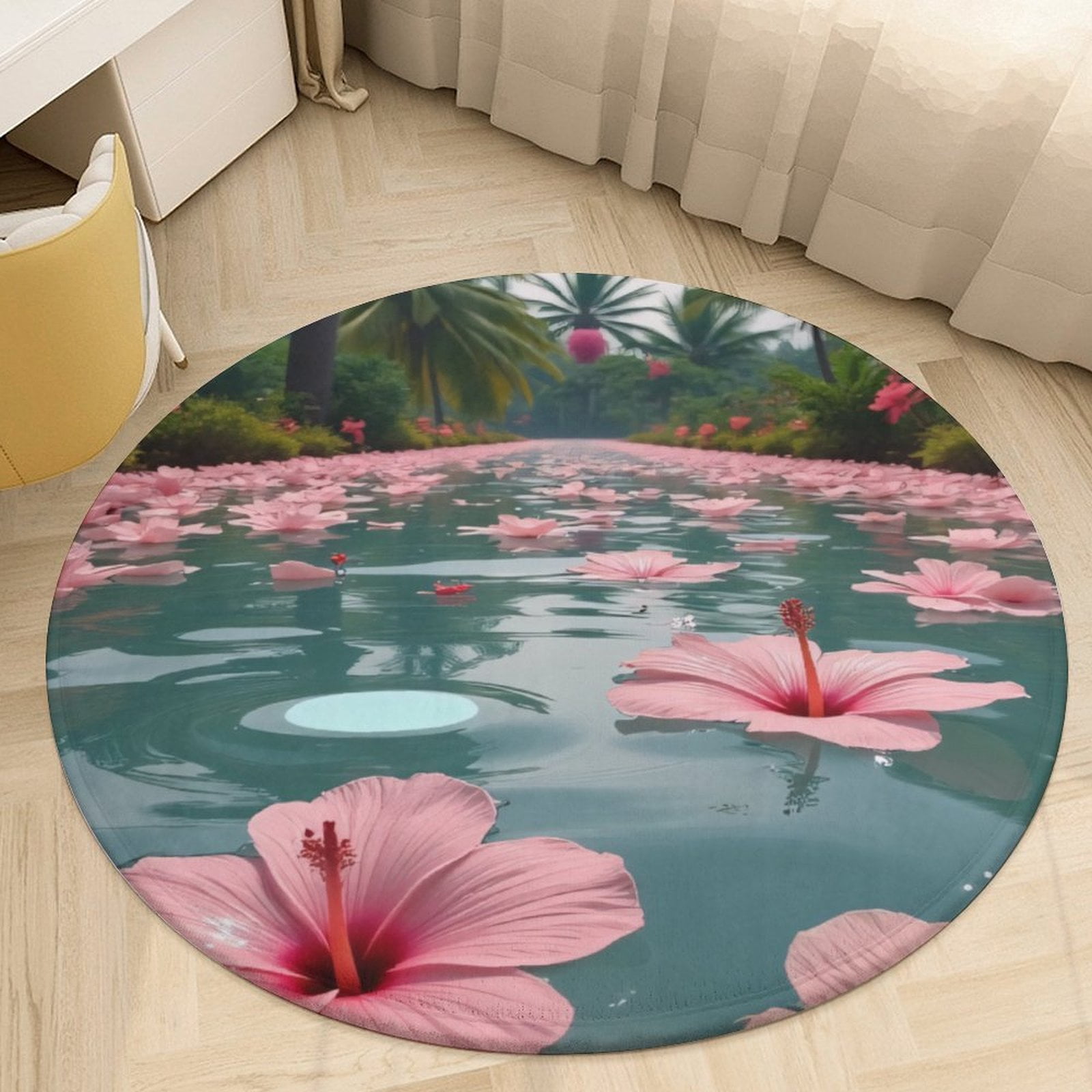 Pink Hibiscus Flowers Floating in Water Round Area Rugs for Bedroom ...