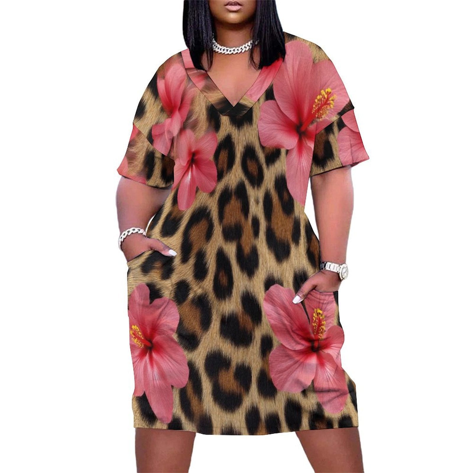 Pink Hibiscus Leopard Print Textile Loose Pocket Dress Dresses Summer ...