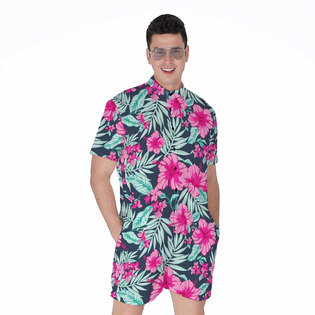 Pink Hibiscus Tropical Pattern Short Sleeve Men'S Rompers, Aloha ...