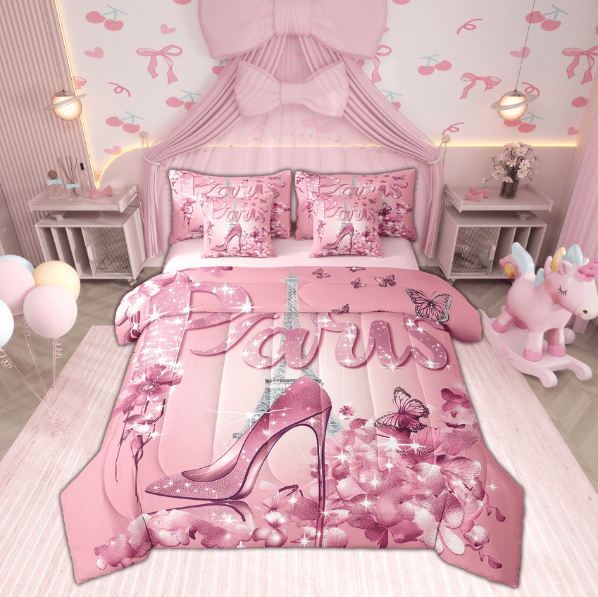 Pink High Heel Shoes Bedding Comforter Sets 7 Piece Women Eiffel Tower ...