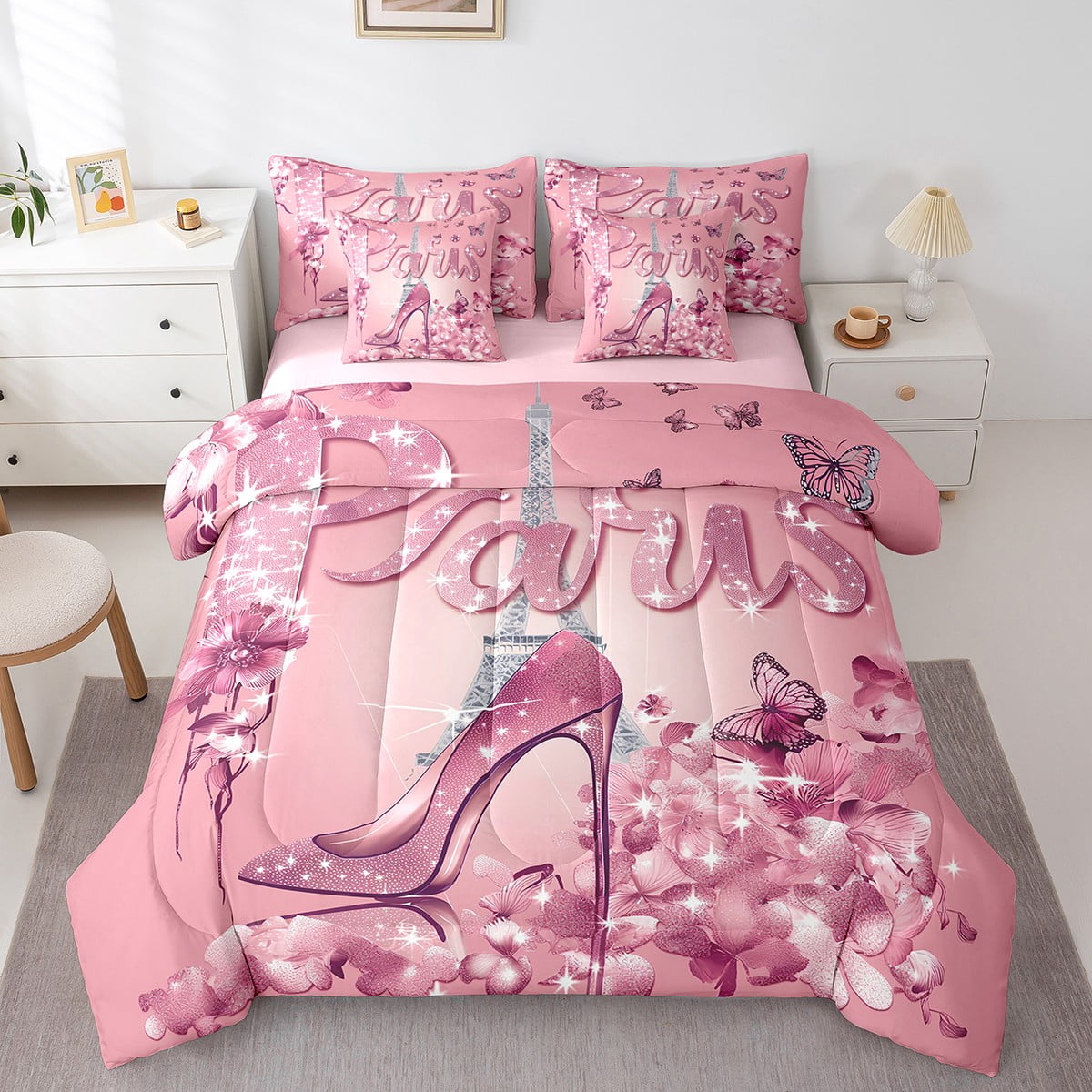 Pink High Heel Shoes Bedding Comforter Sets 7 Piece for Girls Women ...