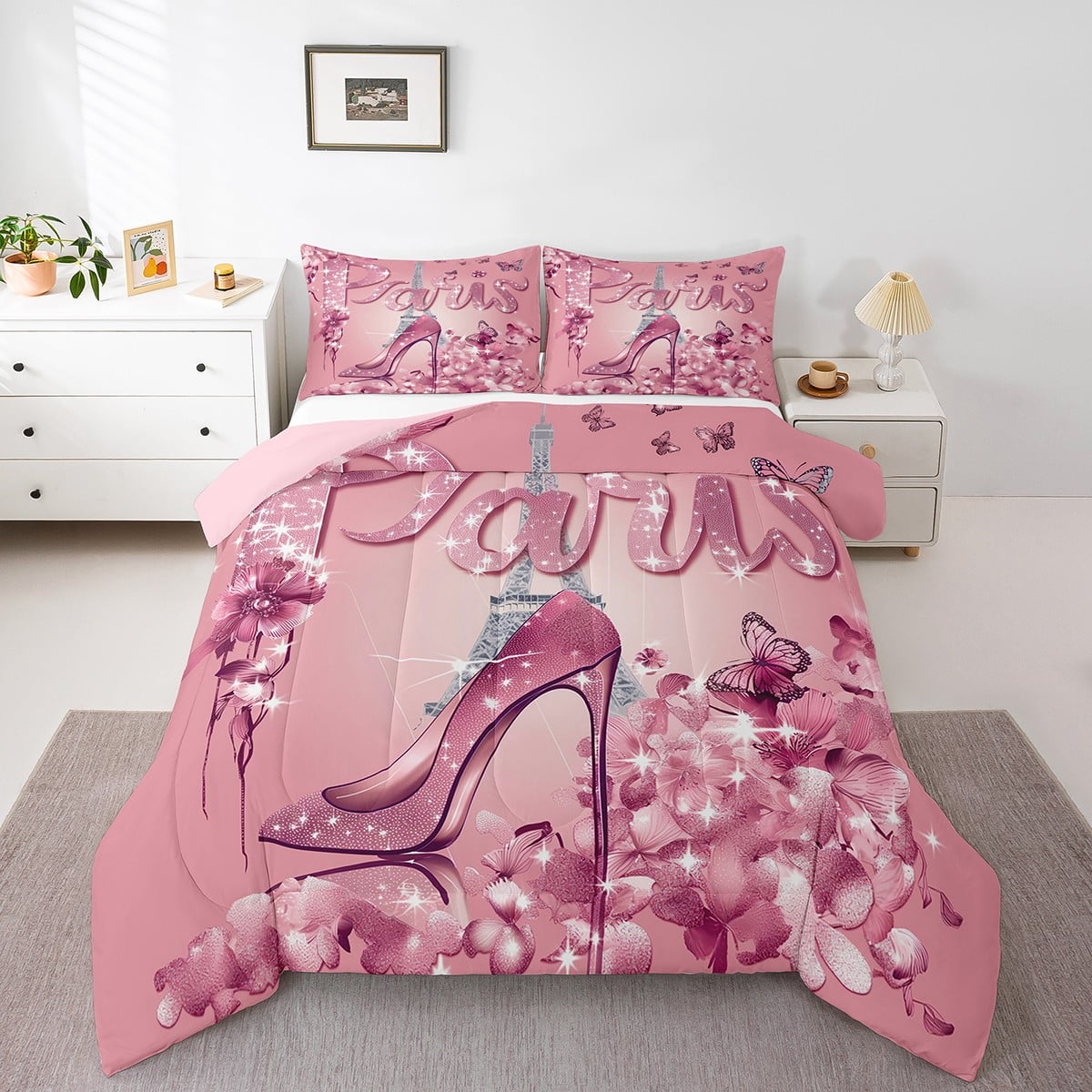 Pink High Heel Shoes Comforter Set Women Eiffel Tower Paris Style ...