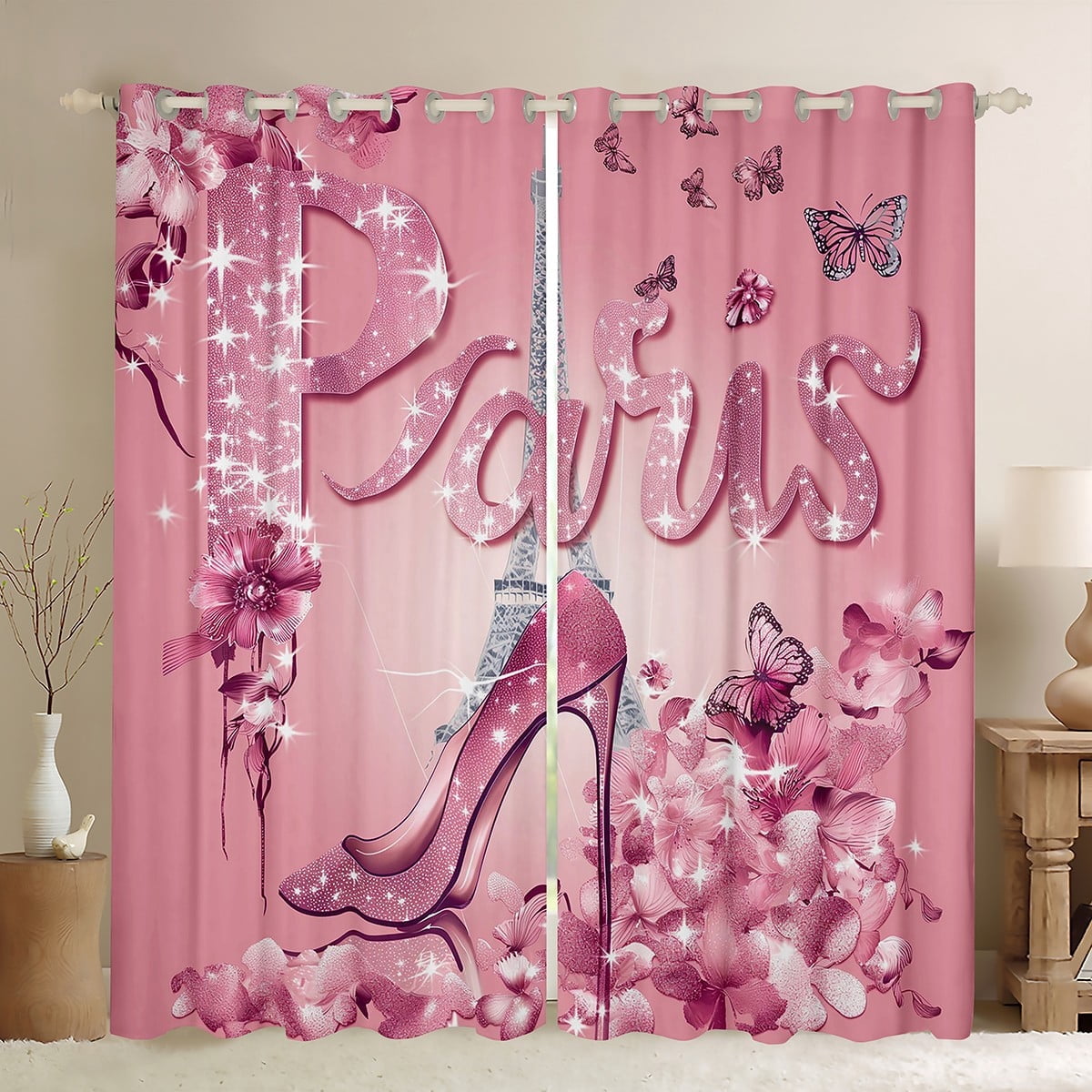 Pink High Heel Shoes Curtains for Girls Women Eiffel Tower Paris Style ...