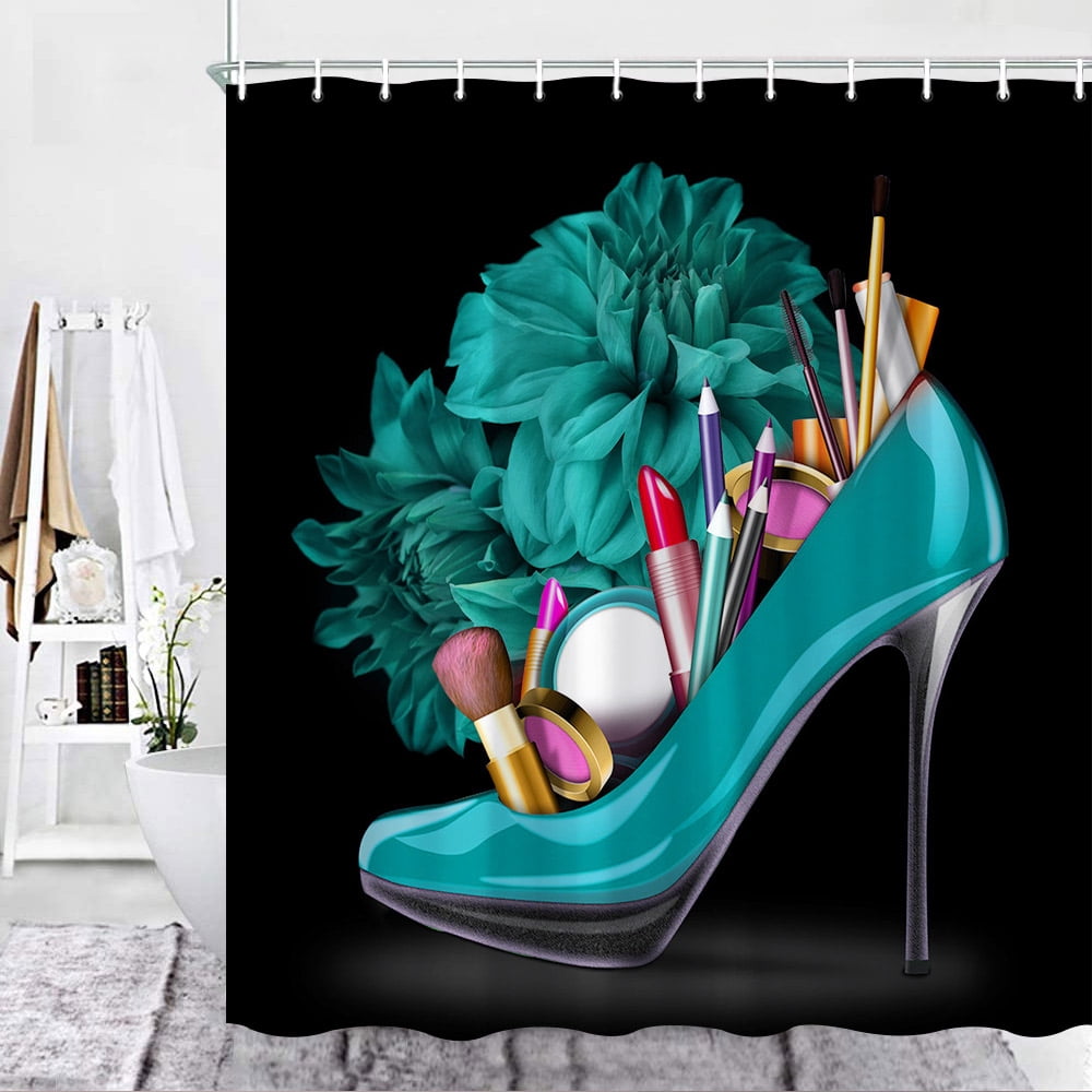 Pink High Heels Shower Curtains Black White Stripes Red Lips Makeup ...