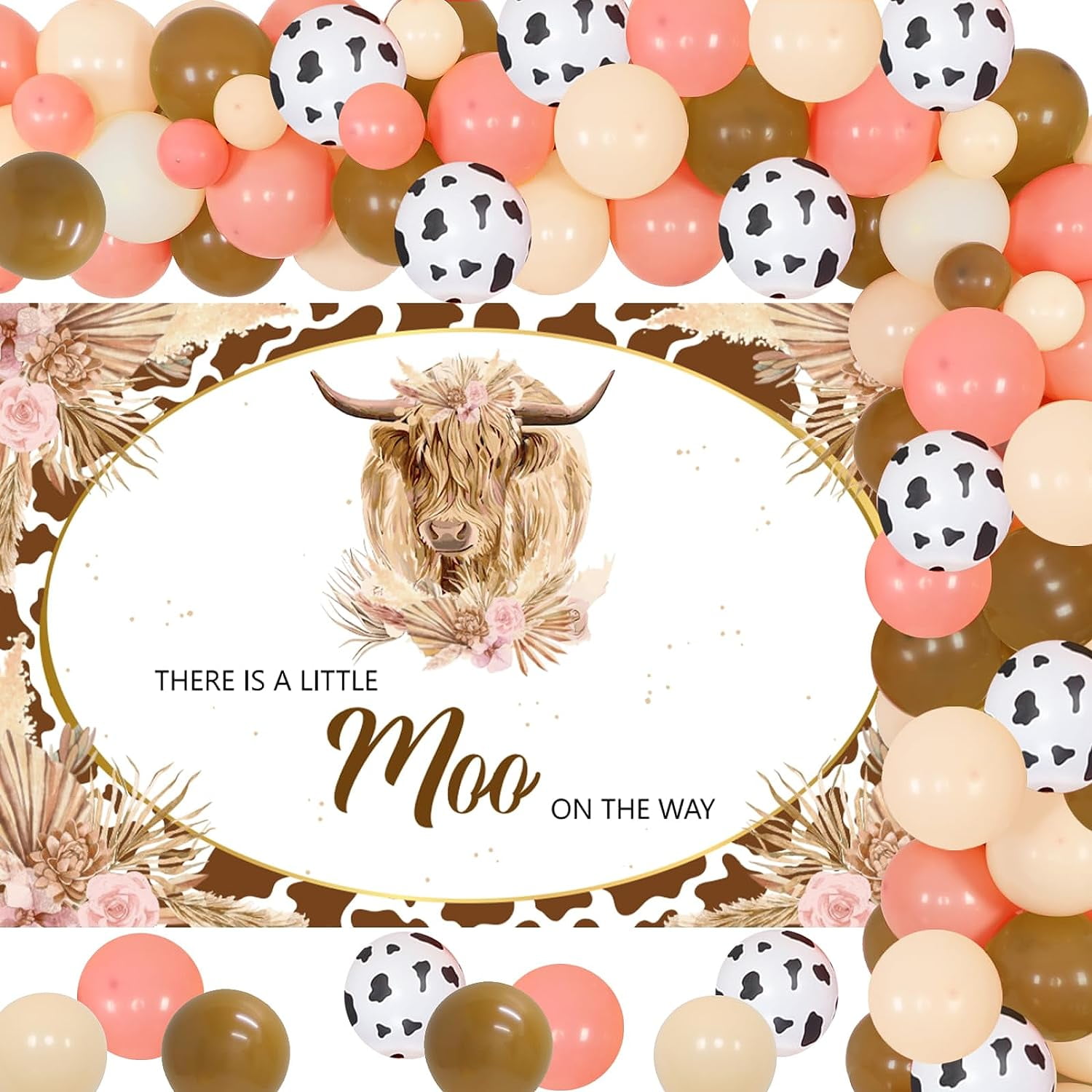 Pink Highland Cow Baby Shower Decor, Little Moo Backdrop, Boho Balloon ...