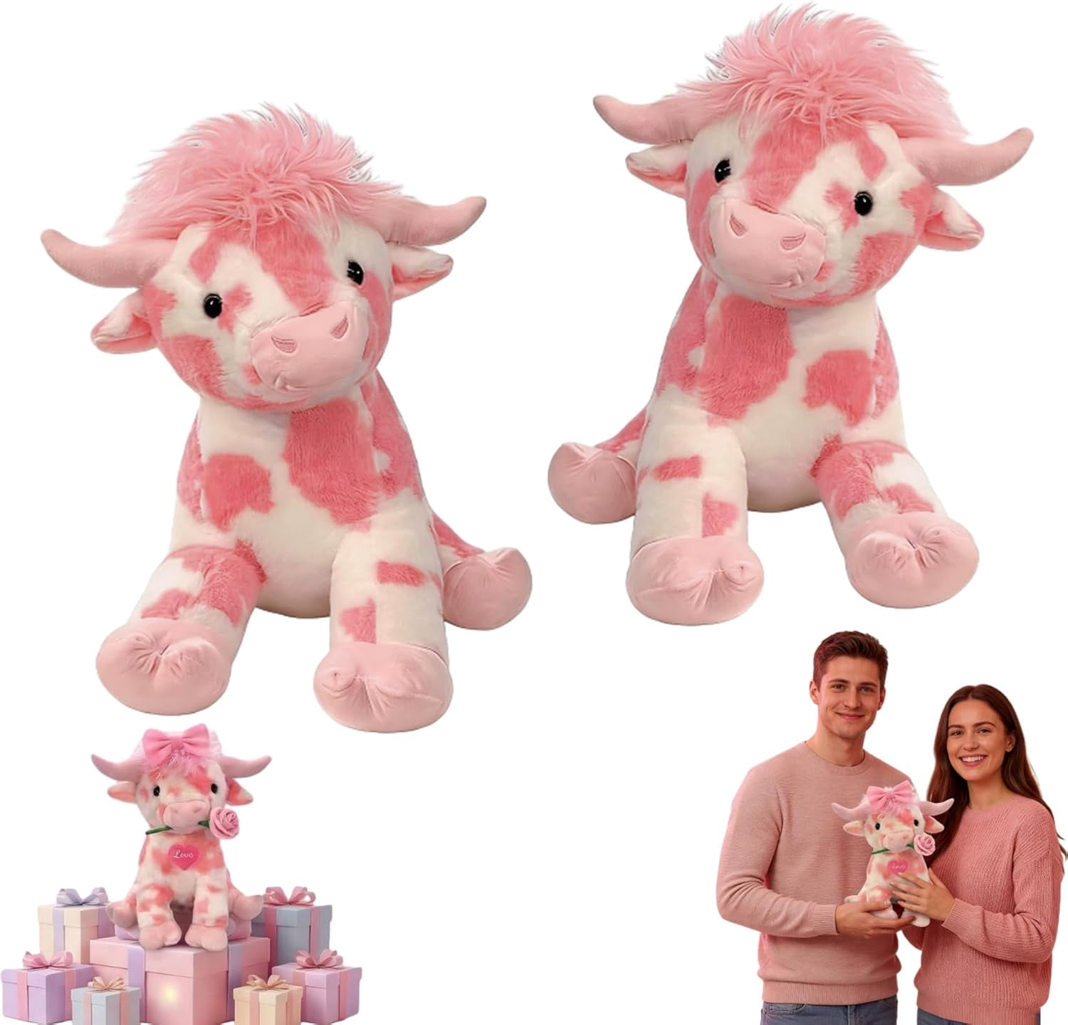 Pink Highland Cow Plush, Highland Cow Stuffed Animal Spotted Cute Cow ...