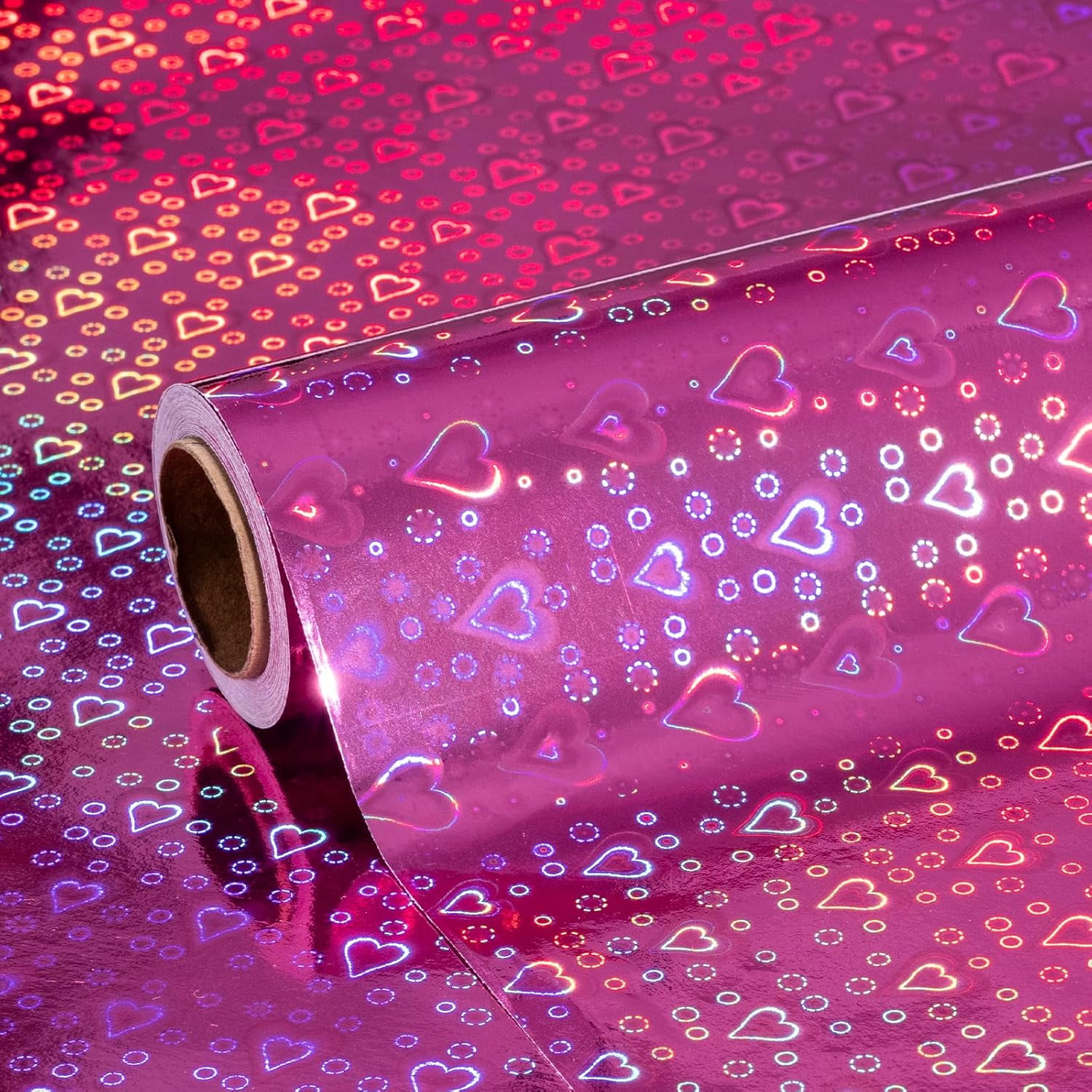 Pink Holographic Wrapping Paper - Mini Roll - Pink Heart Print ...