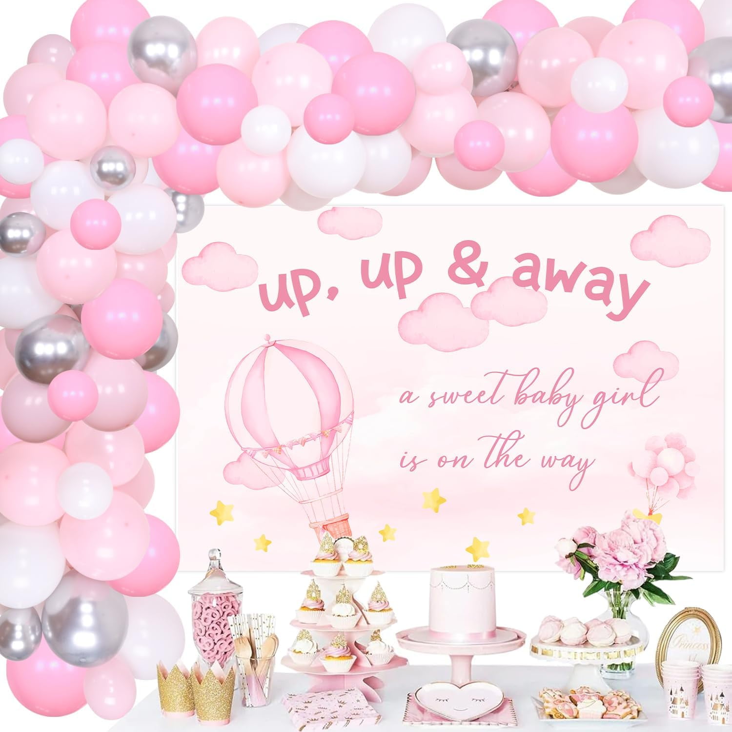 Pink Hot Air Balloon Baby Shower Decorations, Up Up and Away Backdrop ...