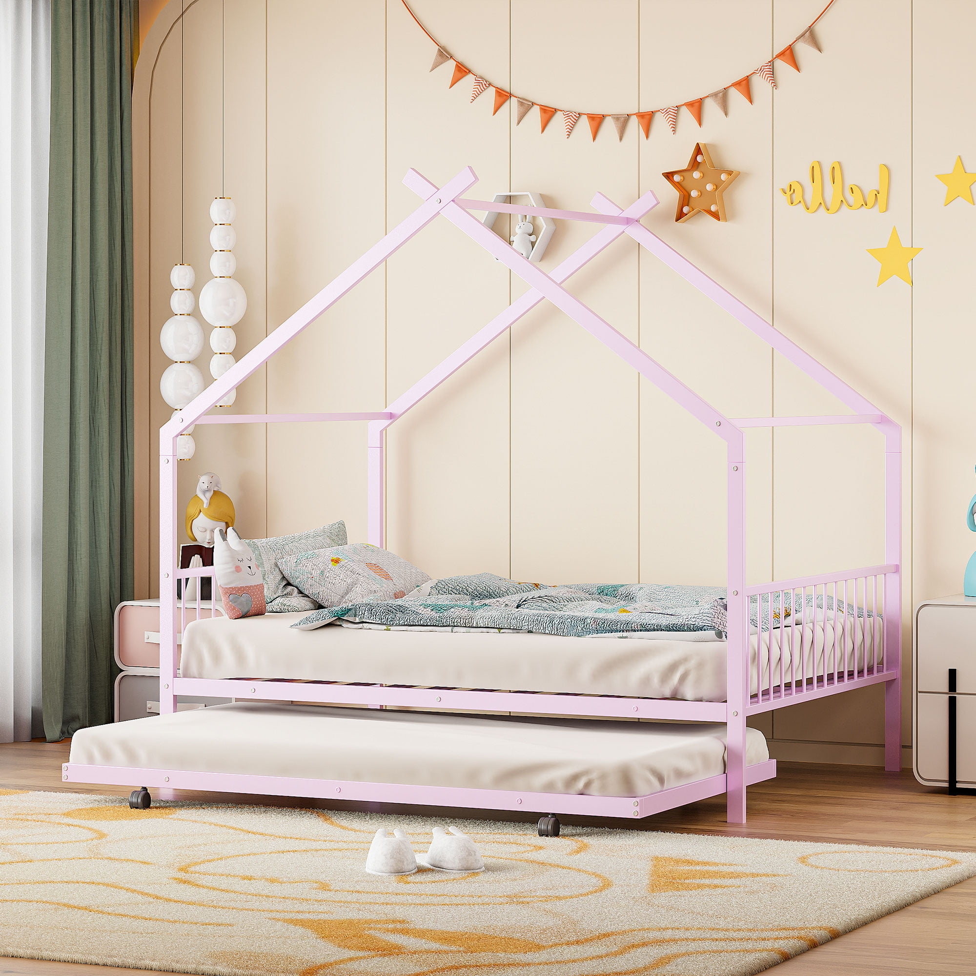 Pink House Bed with Twin Size Trundle, Metal Platform Bed for Kids ...