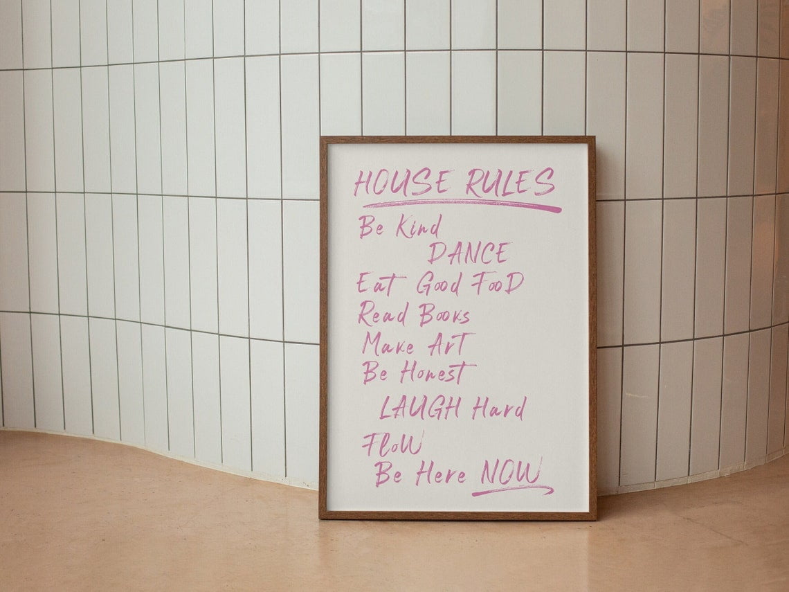 Pink House Rules Wall Poster, Cute Apartment Decor, Minimalist Wall Art ...