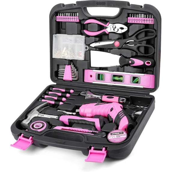 Pink Household Tool Set with 3.6V USB Electric Screwdriver, 136 PCS ...