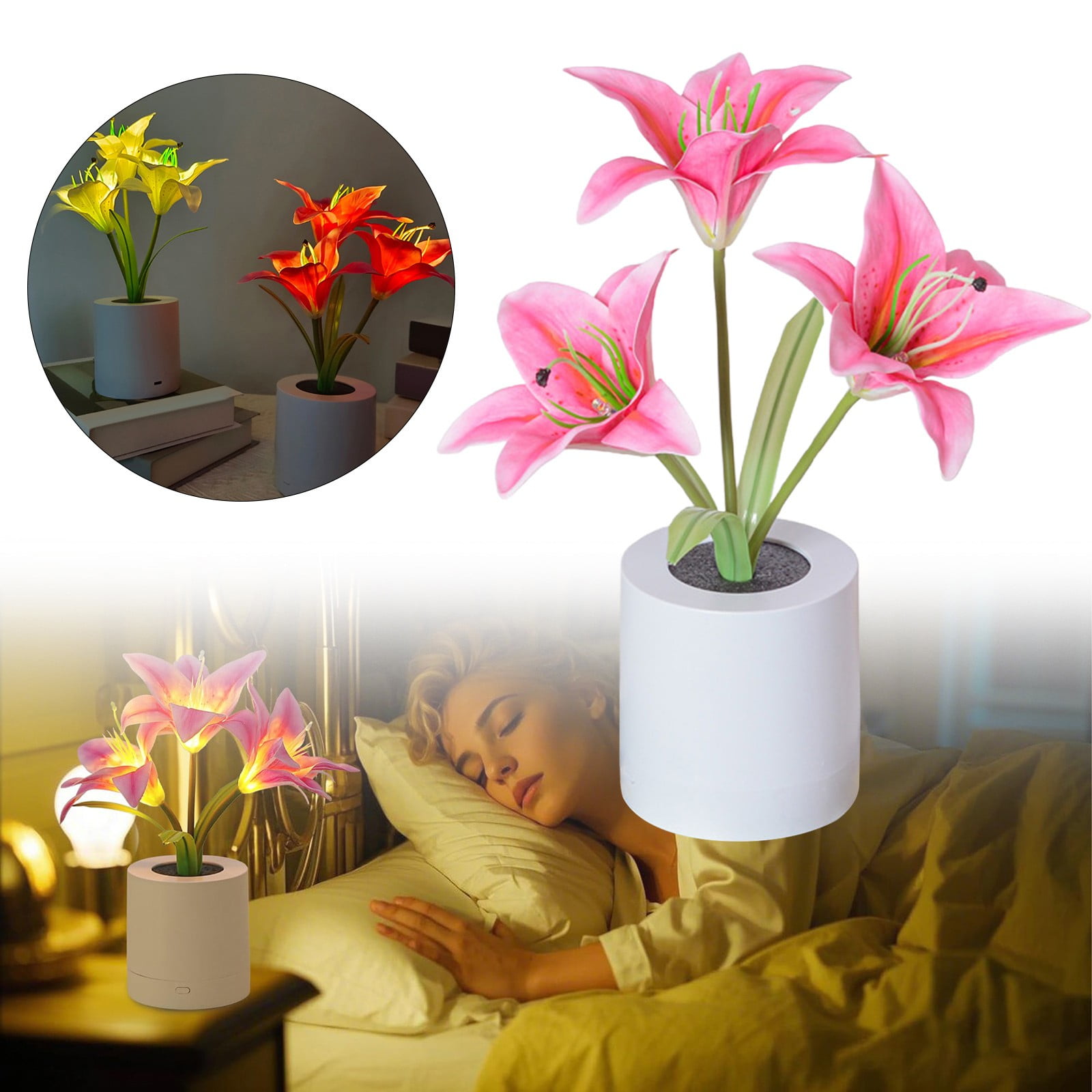 Pink Hue Lily Bloom Flowers Table Lamp - Charging Dimmable Cordless ...