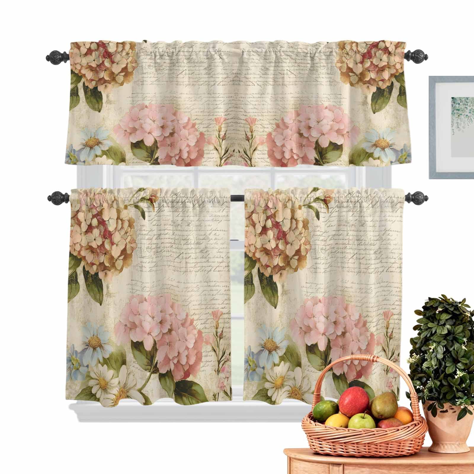 Pink Hydrangea Floral Kitchen Curtains Valances 3 Piece Set, Spring ...