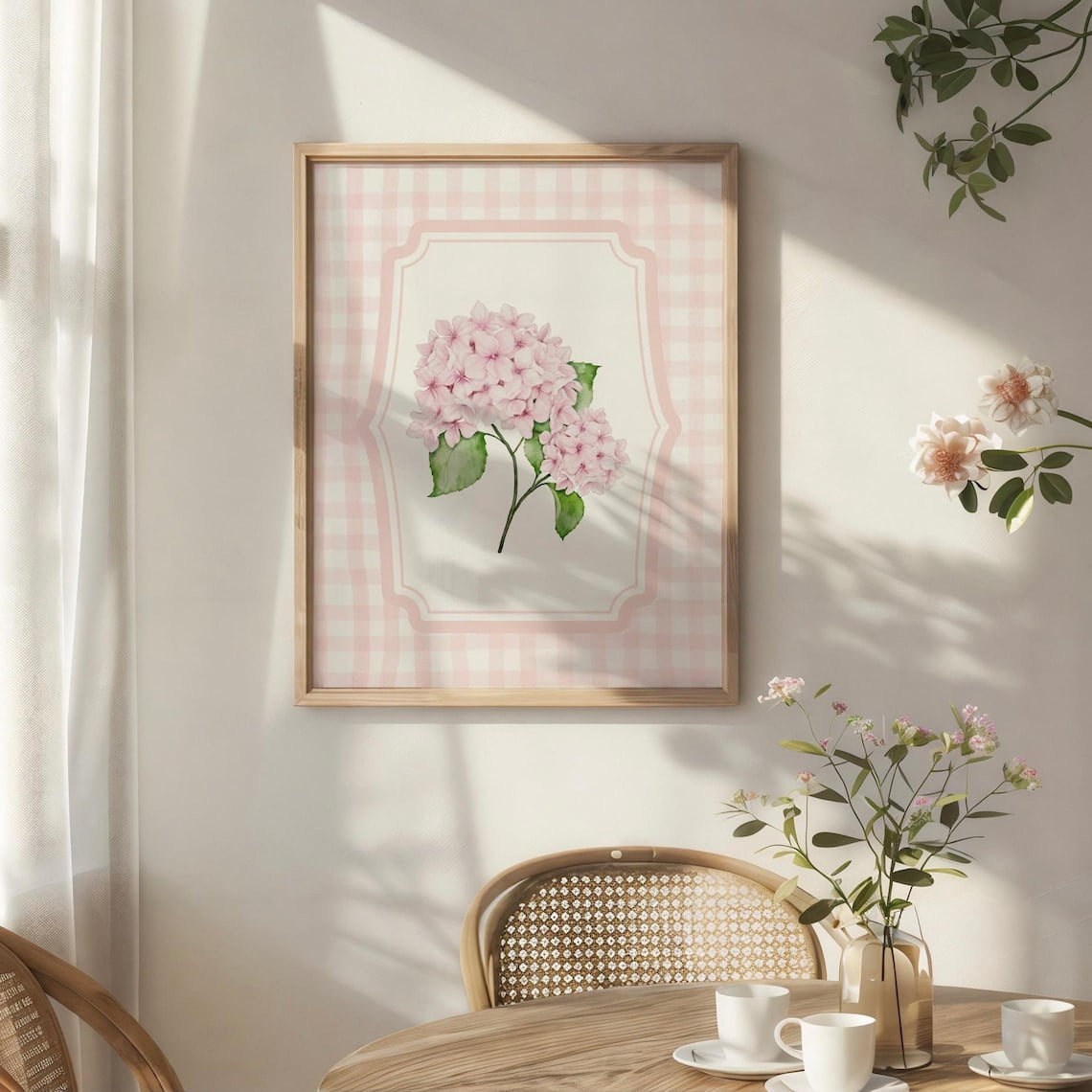 Pink Hydrangea Print, Pink Gingham Cottagecore Poster, Coastal ...