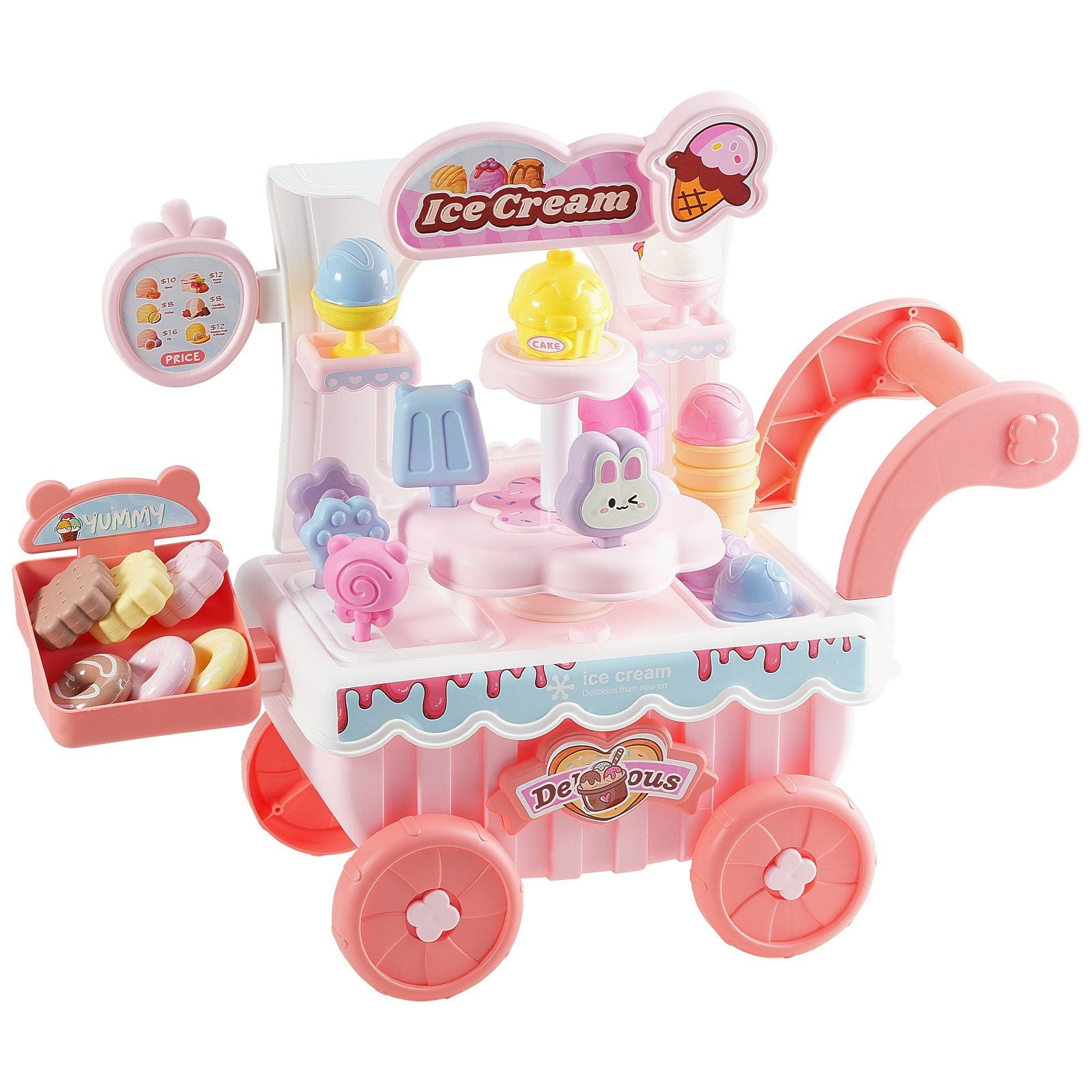 Pink Ice Cream Cart Toy for Kids - Pretend Play Ice Cream Shop Set for ...