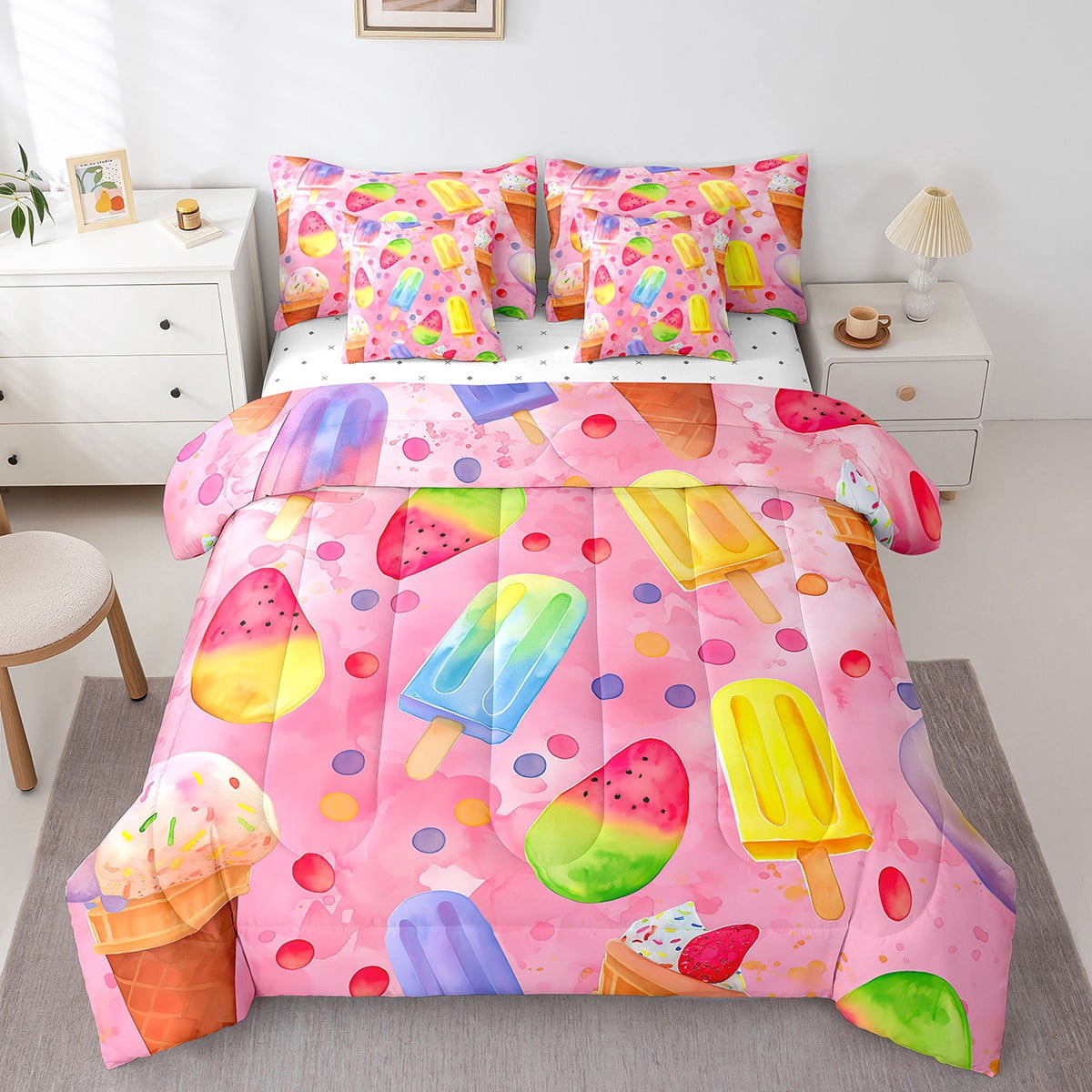 Pink Ice Cream Comforter Set 7 Piece Bed in a Bag Twin,Funny Food ...