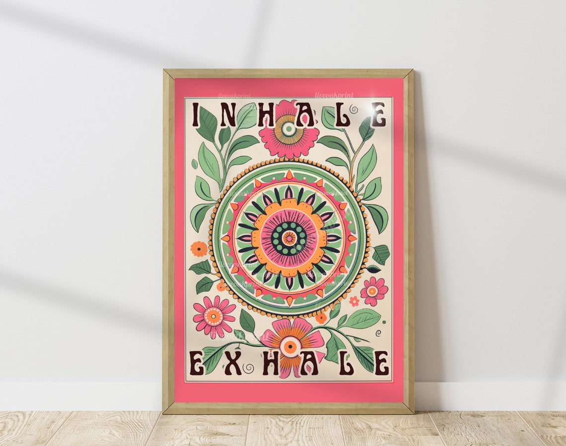 Pink Inhale Exhale Print - Boho Wall Art - Pink And Green Mandala Wall ...