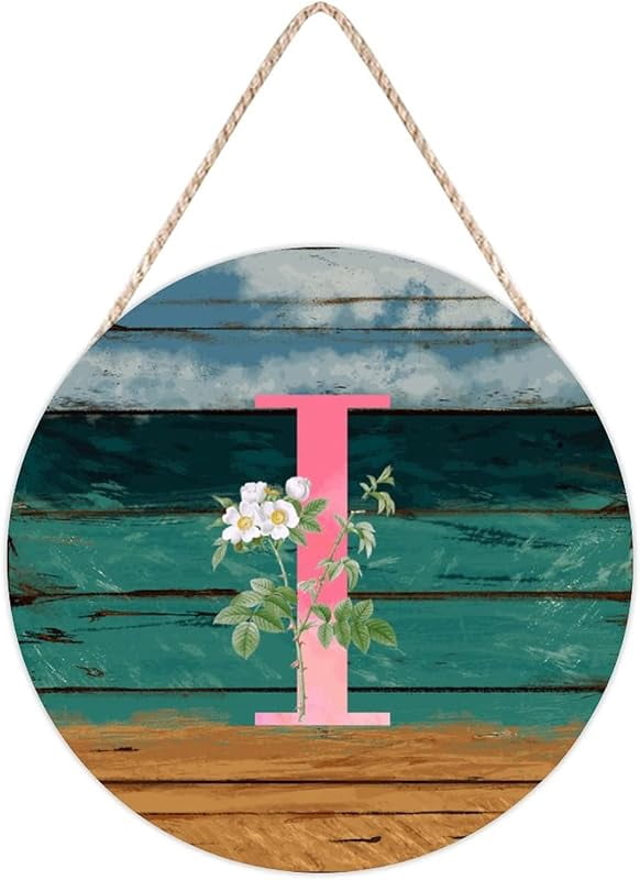 Pink Initial I Letter with Flowers Round Wooden Door Sign Floral ...