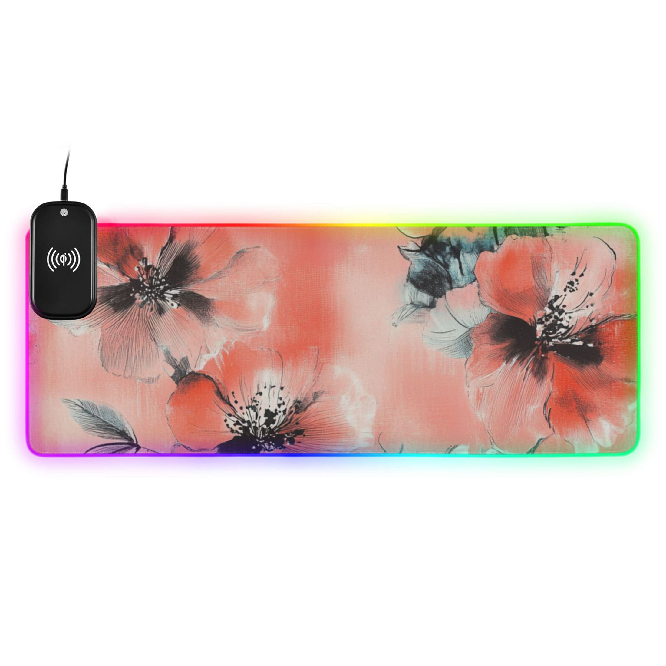 Pink Ink Style Floral Wireless Charging RGB Gaming Mouse Pad Large ...