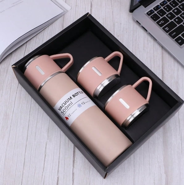 Pink Insulated Bottle Gift Set: 1 Water Bottle + 2 Cups | 500ml ...