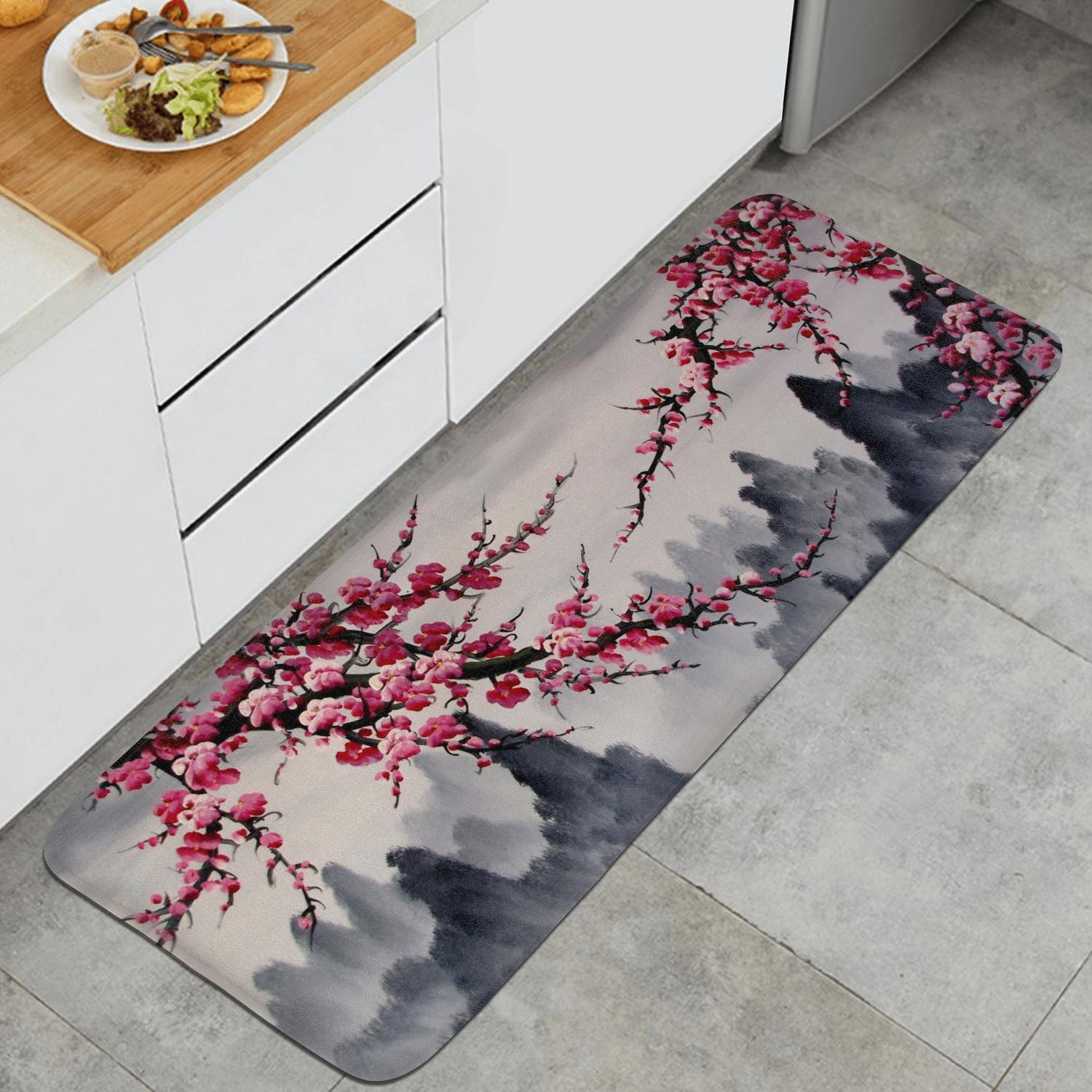 Pink Japanese Cherry Blossom Flannel Kitchen Rug, Kitchen Rugs Mats ...