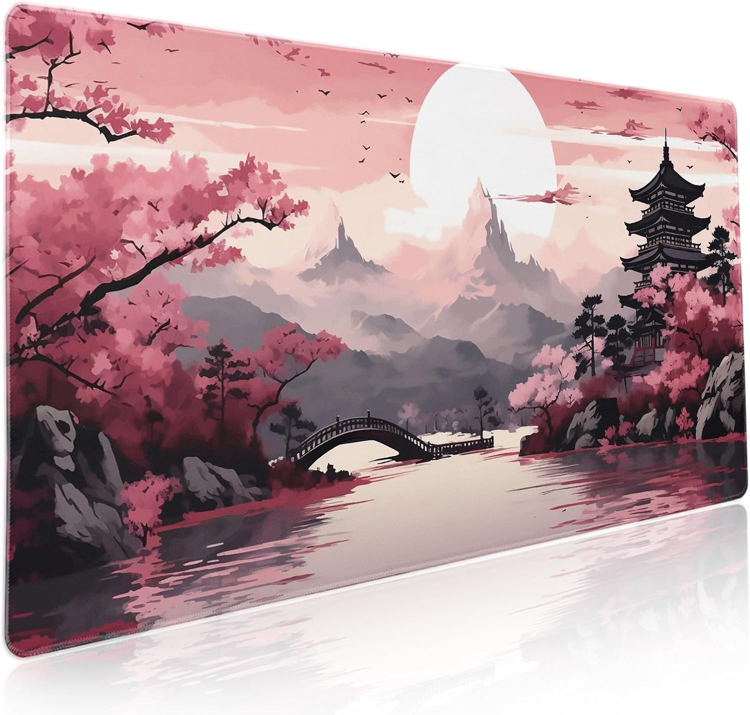 Pink Japanese Sakura Gaming Mouse Pad - Cherry Blossom Tower Mountain ...