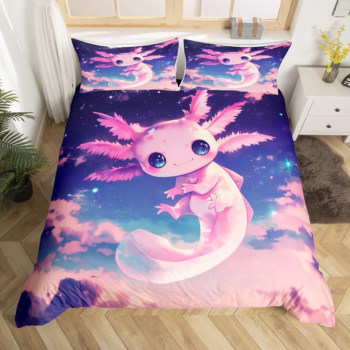 Pink Kawaii Axolotl Bedding Set Cute Cartoon Salamander Duvet Cover ...
