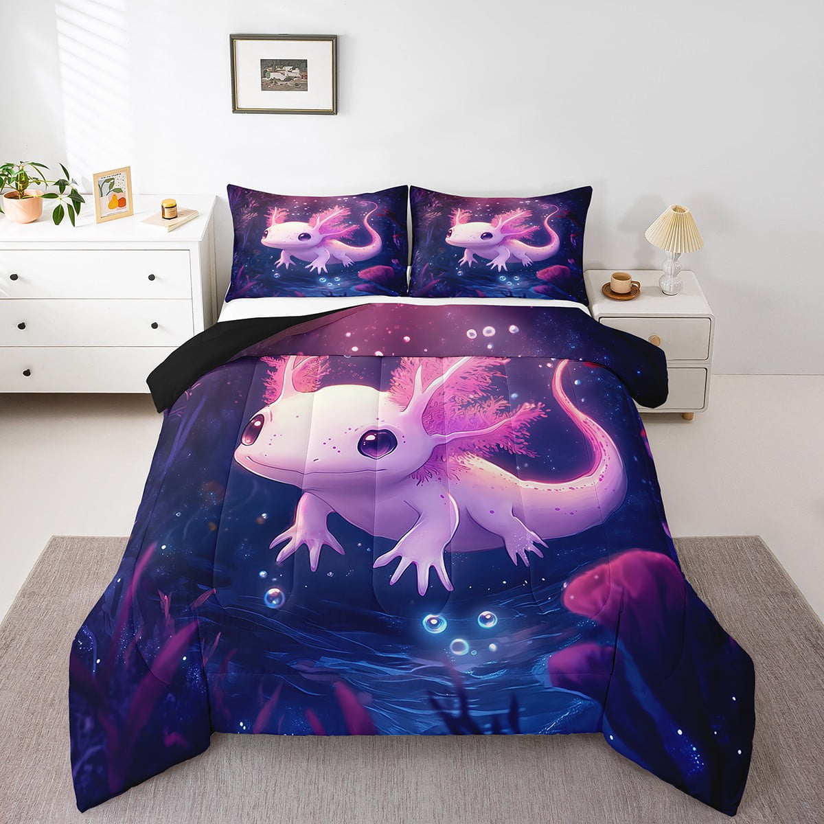 Pink Kawaii Axolotl Bedding Set,Cute Cartoon Axolotl Queen Comforter ...