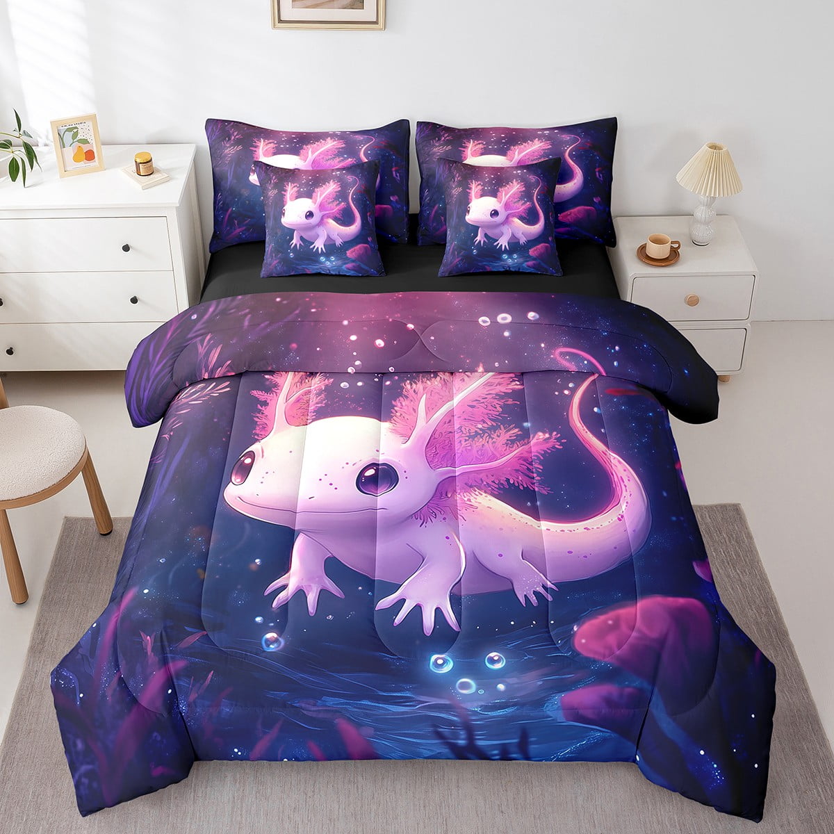 Pink Kawaii Axolotl Bedding Set,Cute Cartoon Axolotl Twin Comforter Set ...